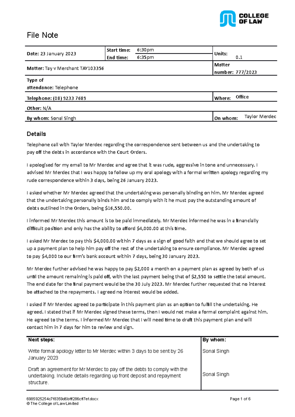 TAY103356 - Activity 1.2: File Note & Common Facts on Tay v Merchant ...