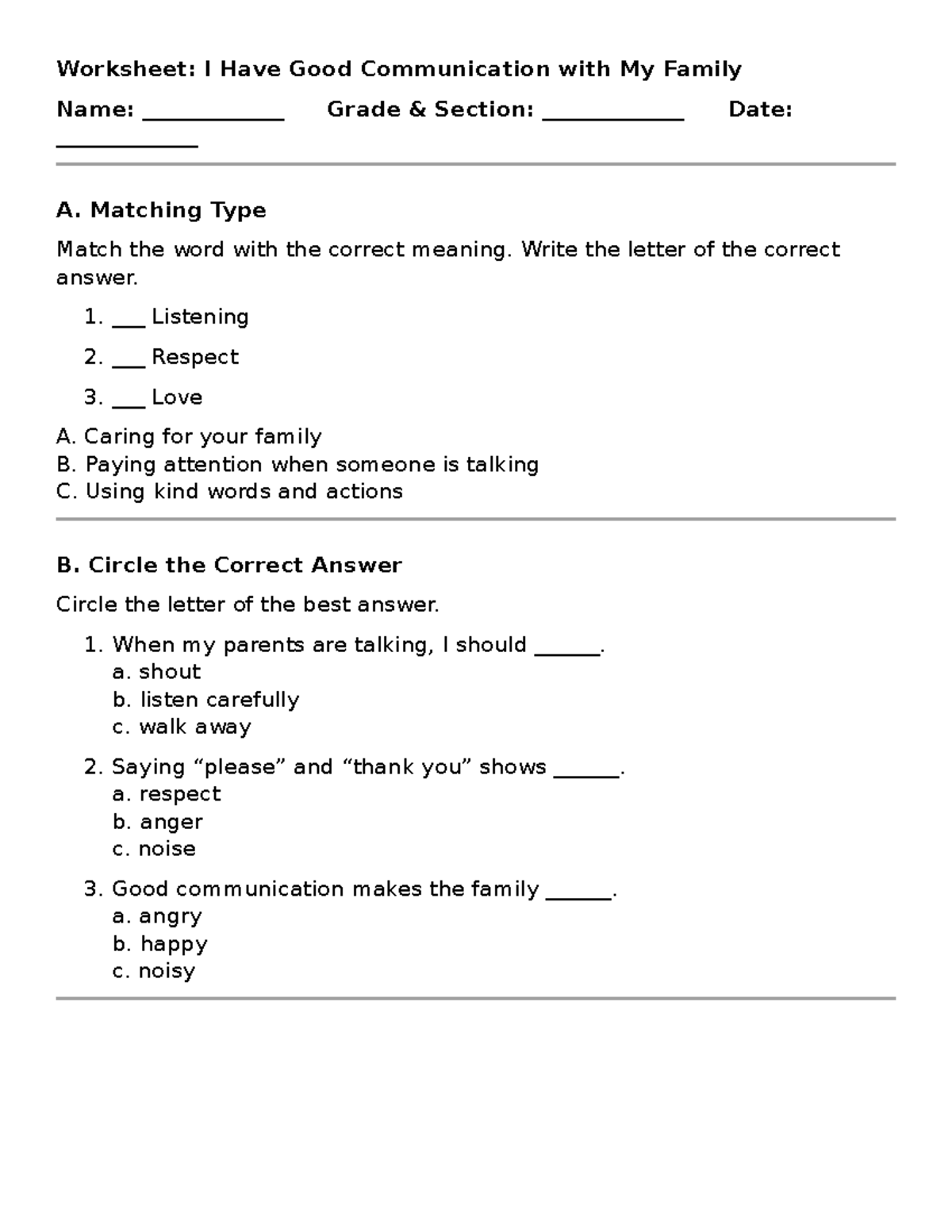 Q3 GMRC Worksheet: Good Communication with Family - Studocu