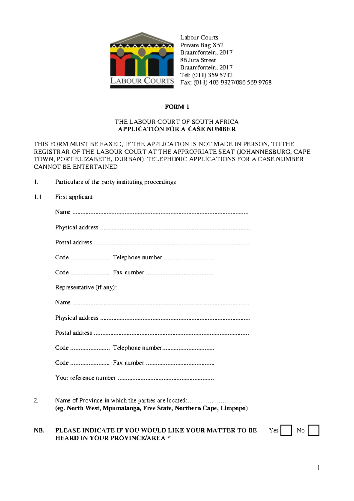 LBC Form 01 - Application for Case Number in Labour Court - Studocu