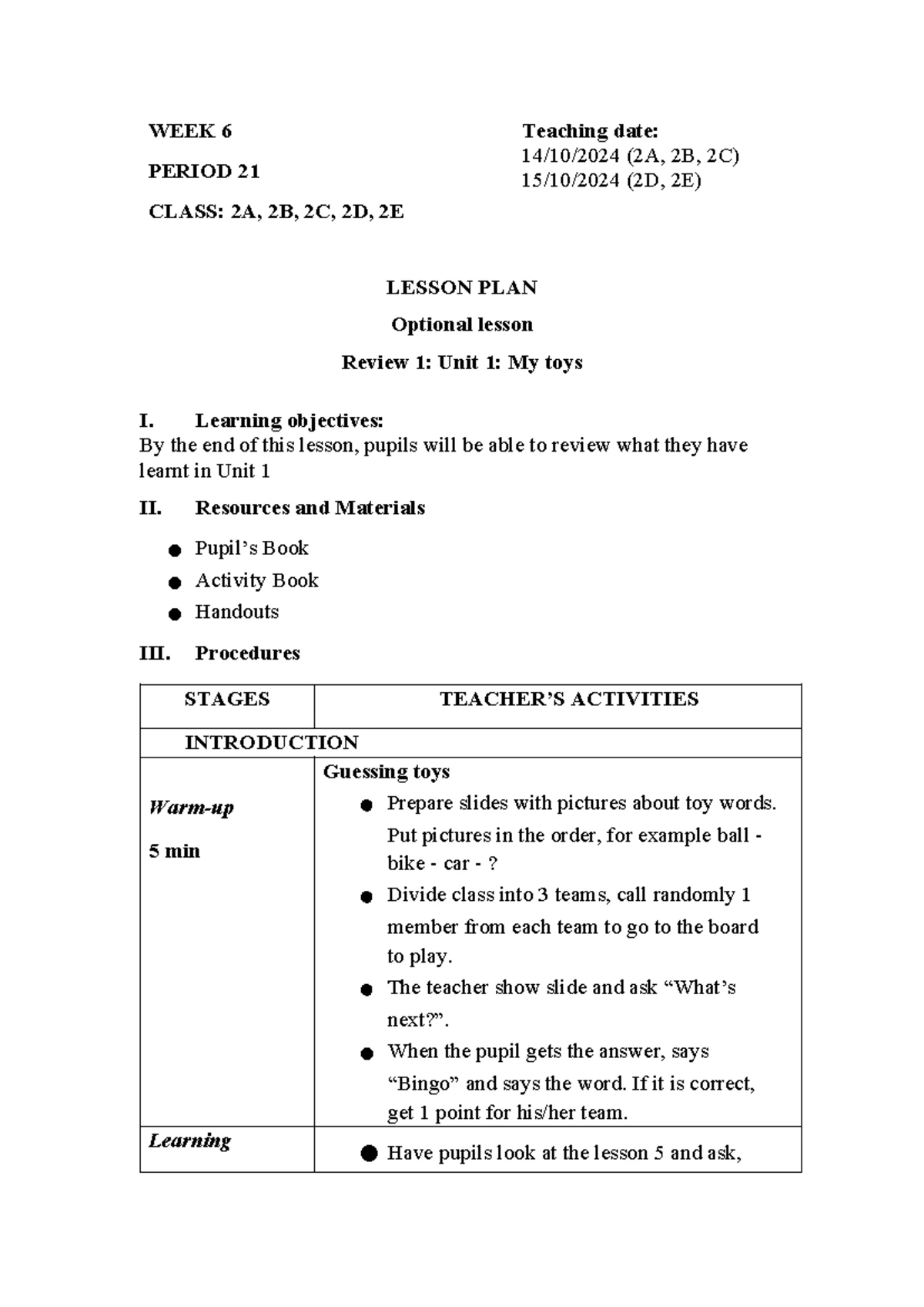 English 2 Week 5 Lesson Plan: My Family Activities & Objectives - Studocu