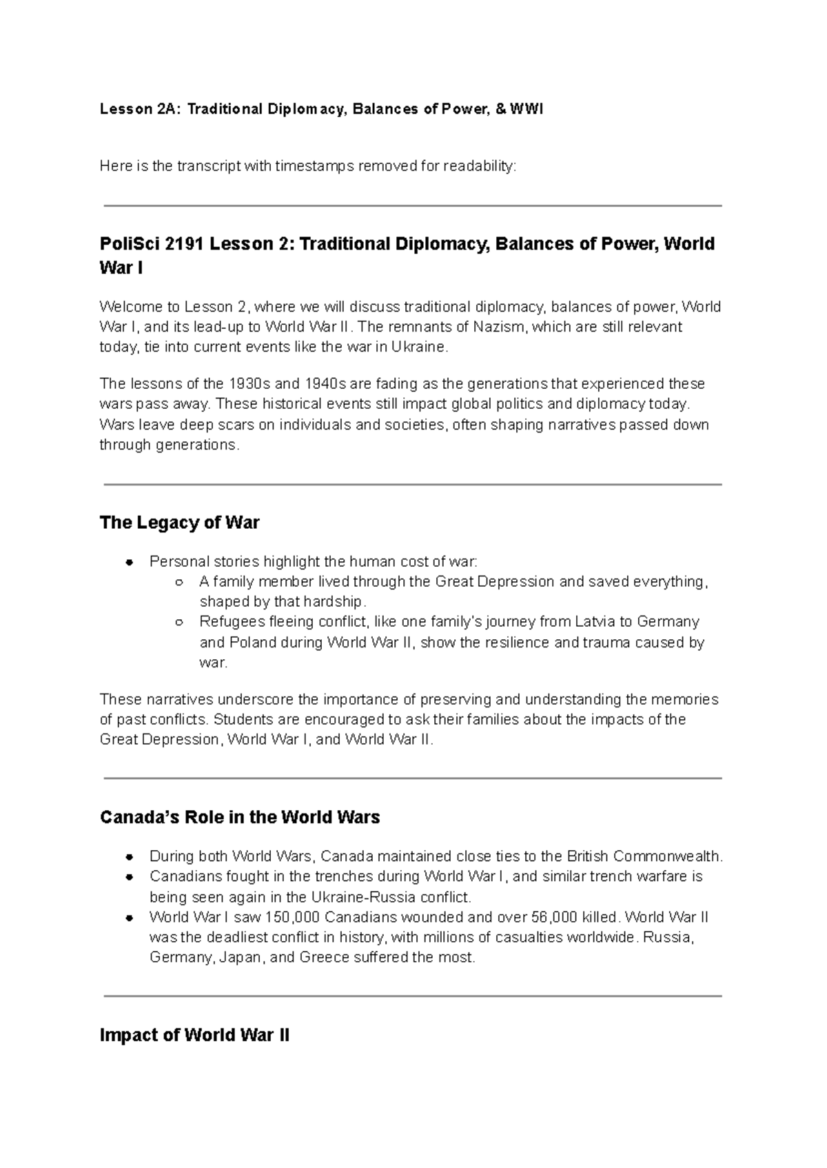 Lesson 2 - lecture 2 notes - Lesson 2A: Traditional Diplomacy, Balances ...