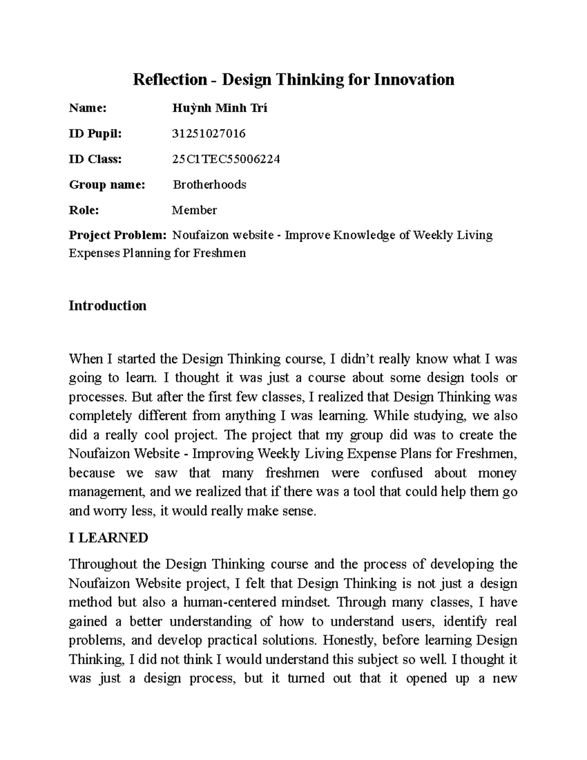 Reflection on Design Thinking for Innovation (25C1TEC55006224) - Studocu