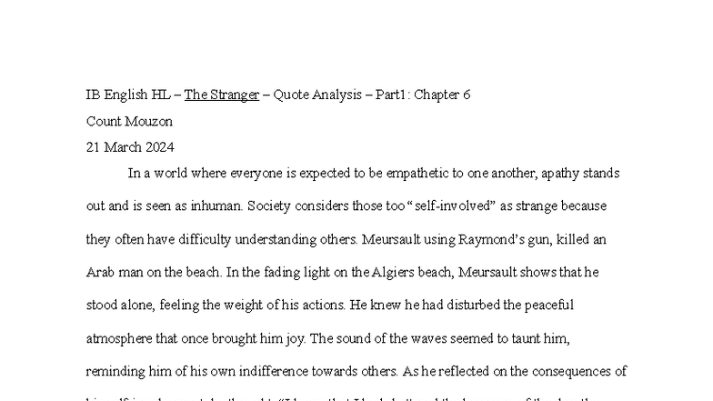IB English HL The Stranger Quote Analysis: Chapter 6 Insights - Studocu