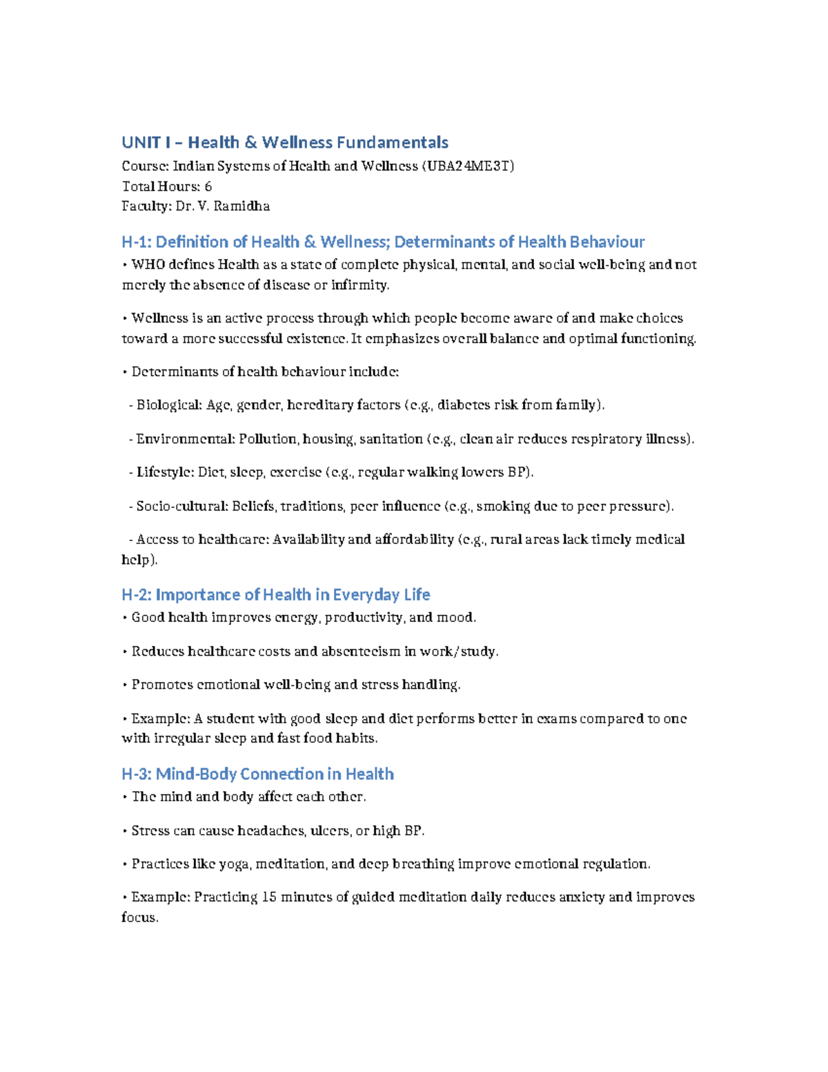 Unit 1 Lecture Notes: Health & Wellness Fundamentals (UBA24ME3T) - Studocu