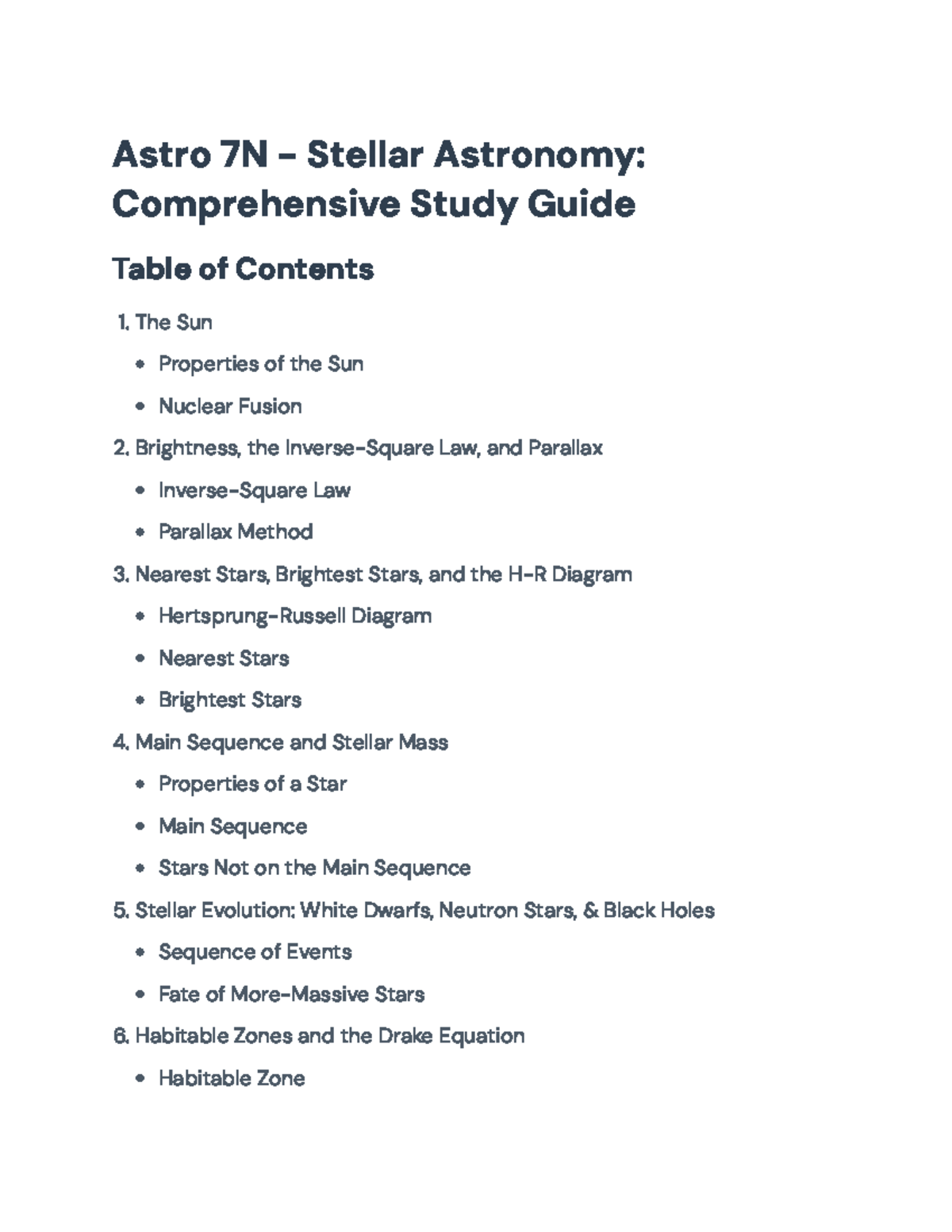Astro 7N - Final Exam Study Guide: Stellar Astronomy Concepts - Astro ...