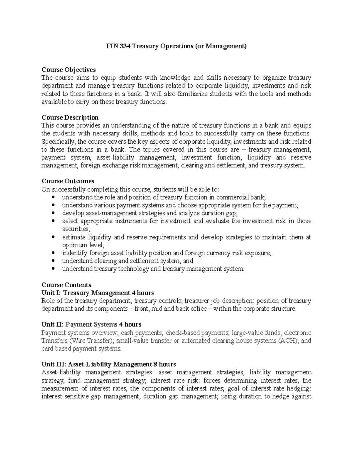 FIN 334 Treasury Management Course Outline and Objectives - Studocu