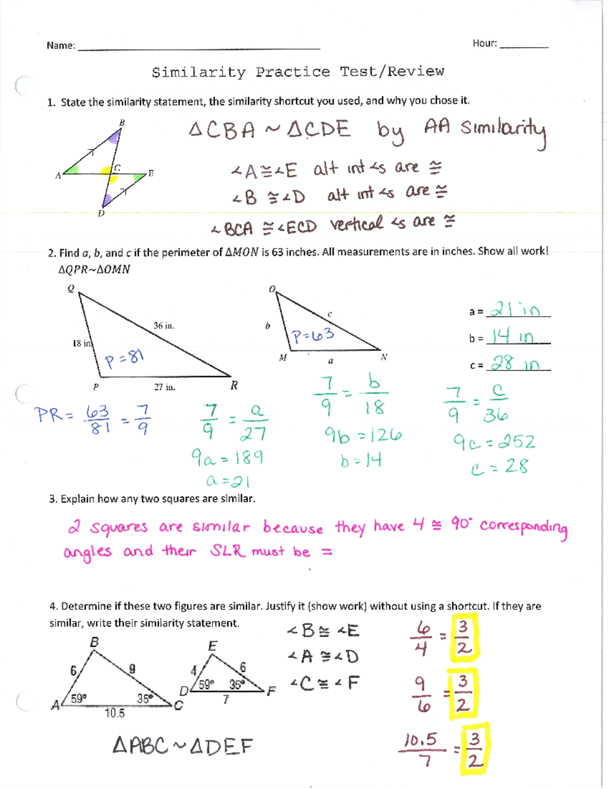 Similarity practice test key - math 101 - Studocu