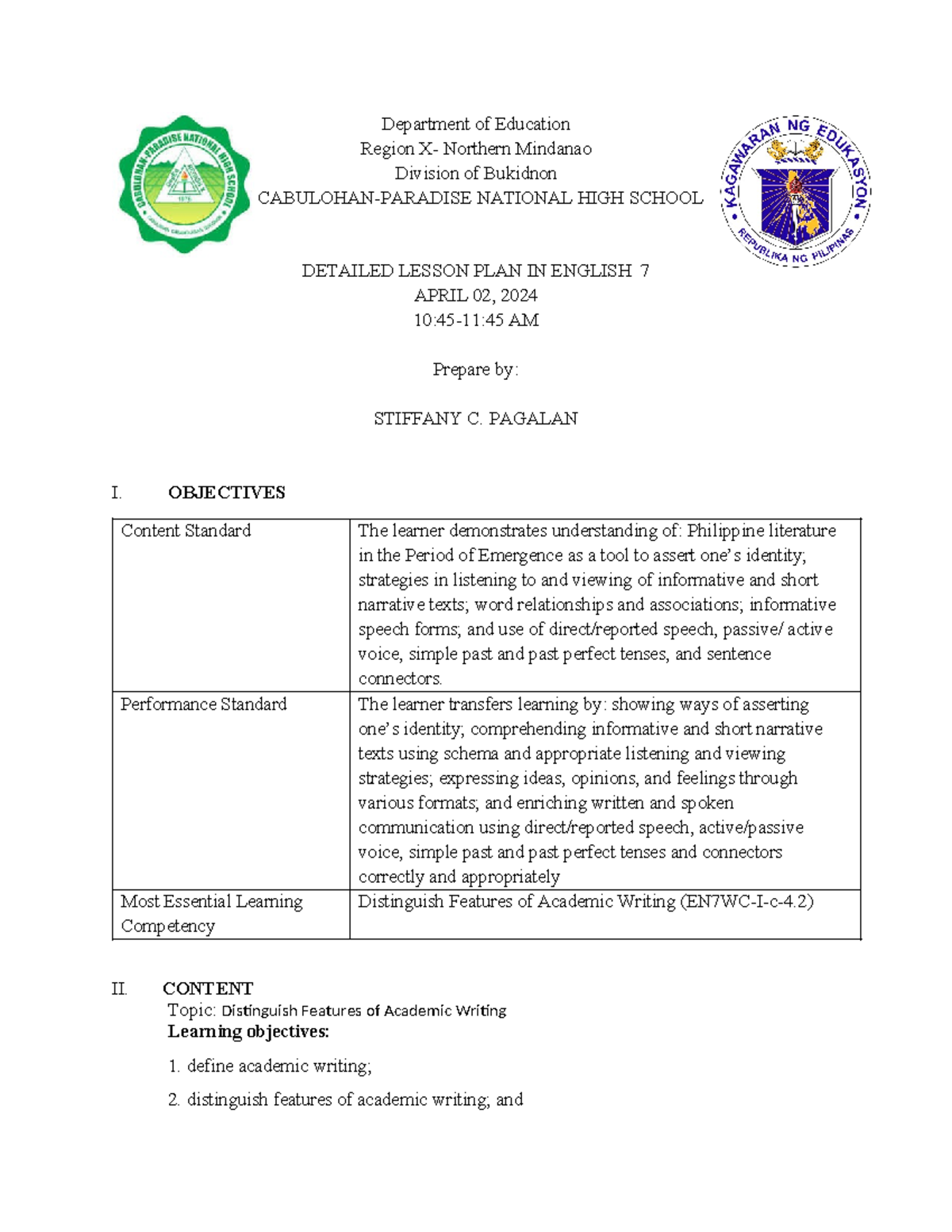 EN7 Detailed Lesson Plan: Distinguishing Features of Academic Writing ...
