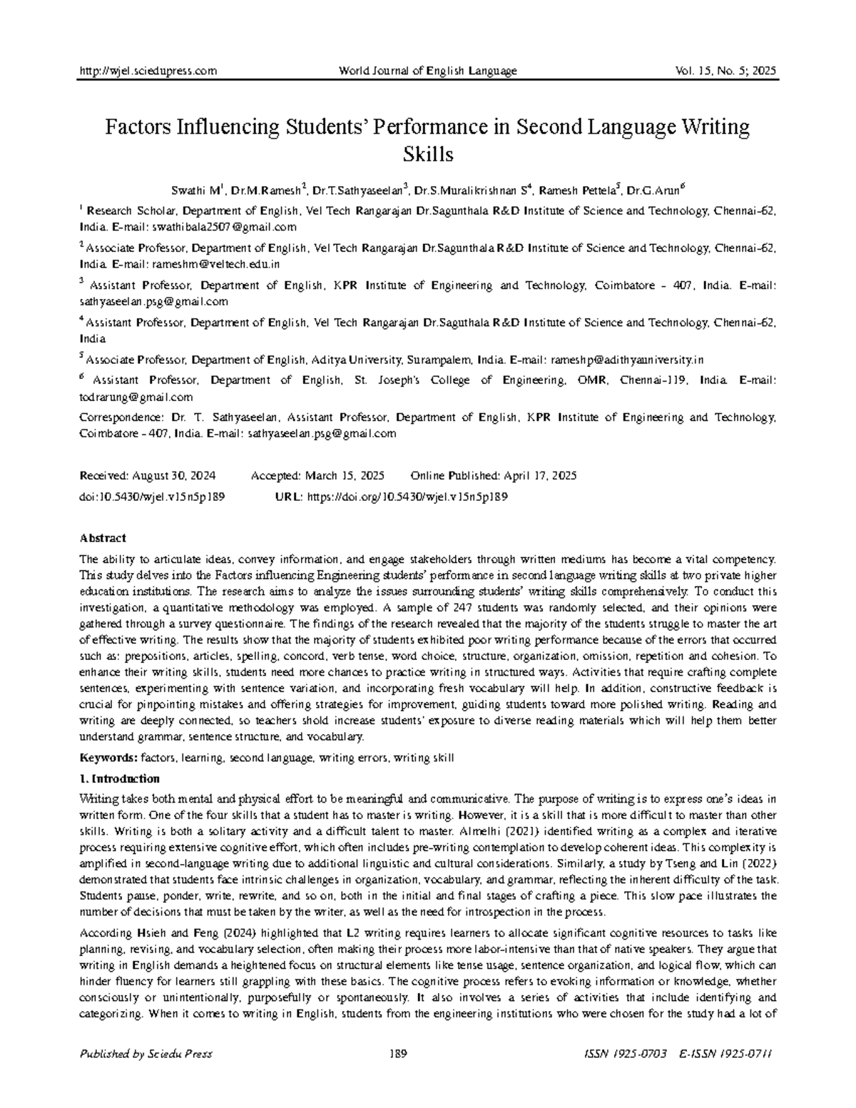 Factors Influencing L2 Writing Skills: Insights from Engineering ...
