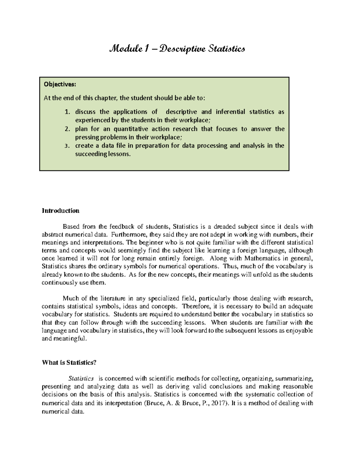 Module 1: Introduction to Descriptive Statistics for Beginners - Studocu