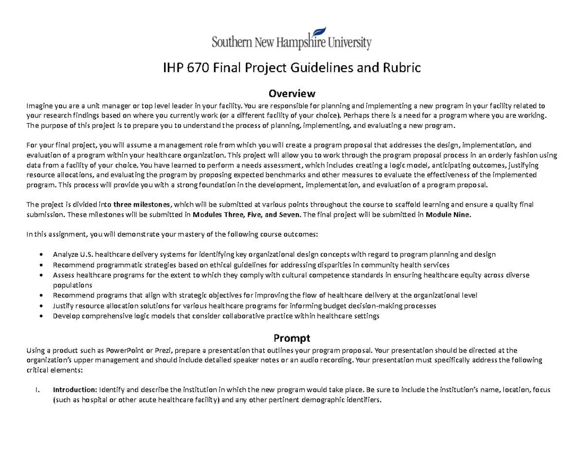IHP 670 Final Project: Guidelines for Program Development and ...