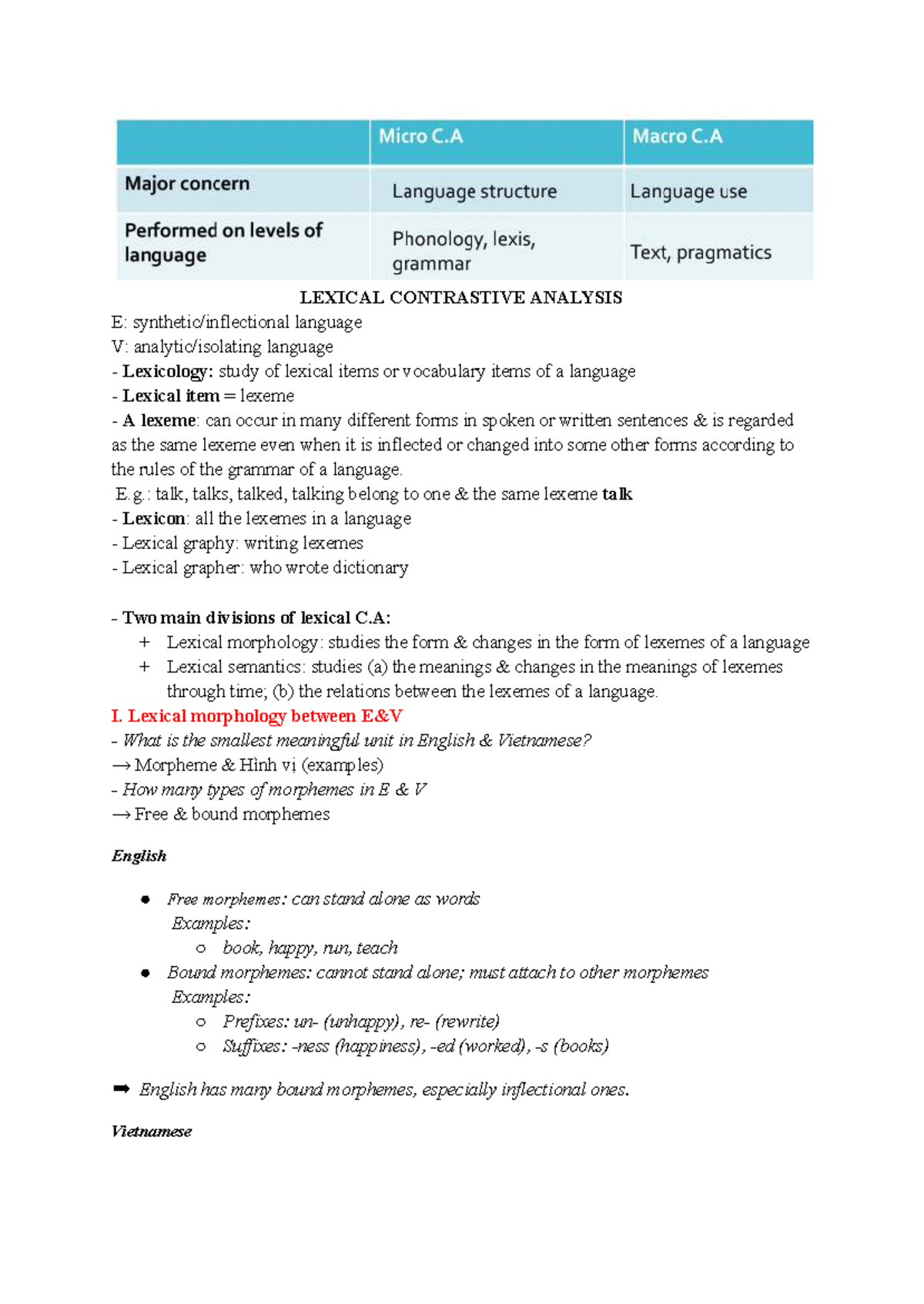 LEXICAL CONTRASTIVE ANALYSIS E: Language Comparison in Lexicology - Studocu