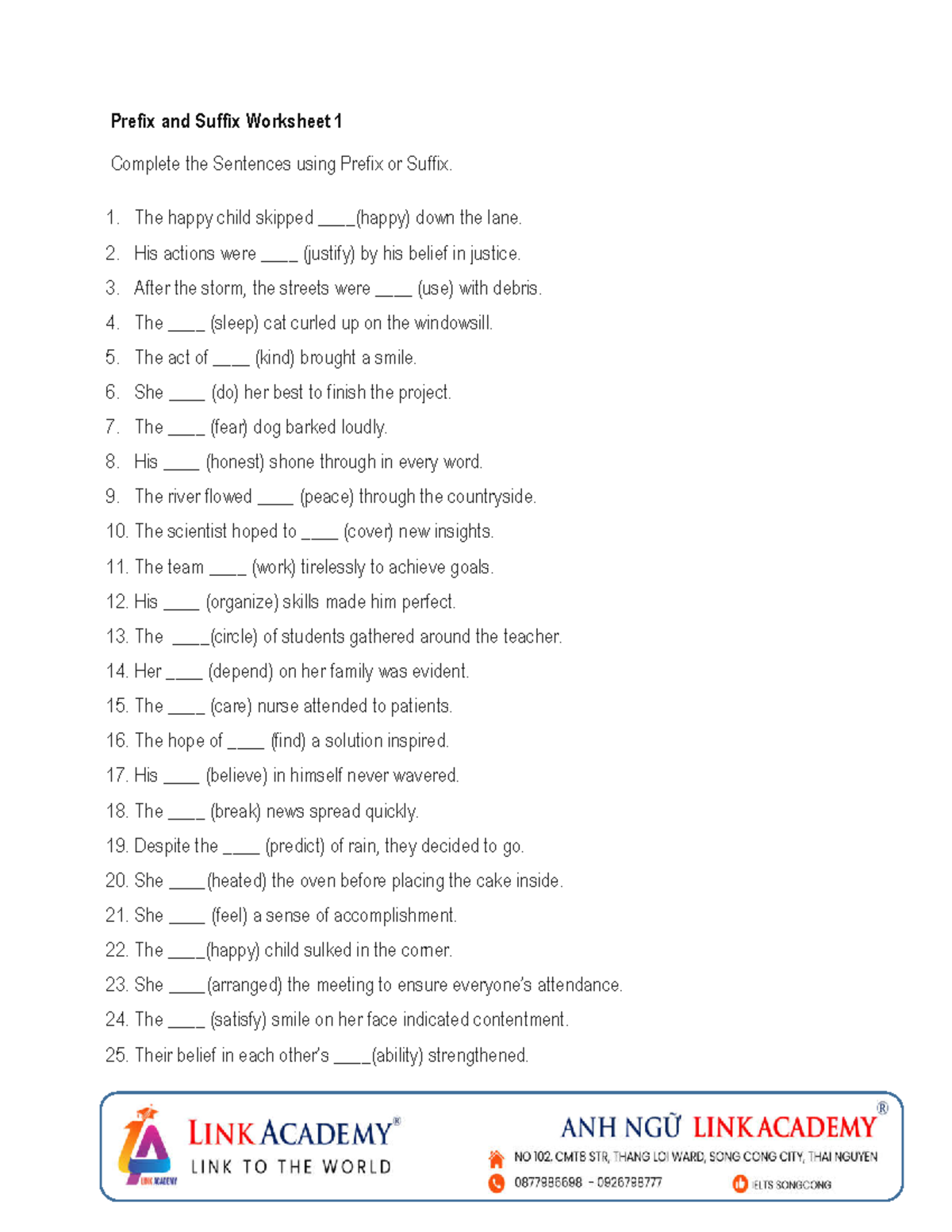 Prefix and Suffix Worksheet 1: Complete the Sentences - Studocu
