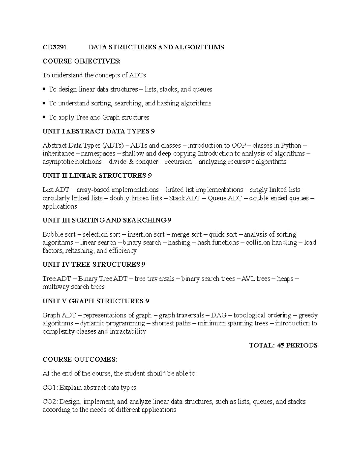 CD3291 Data Structures & Algorithms Syllabus Overview - Studocu