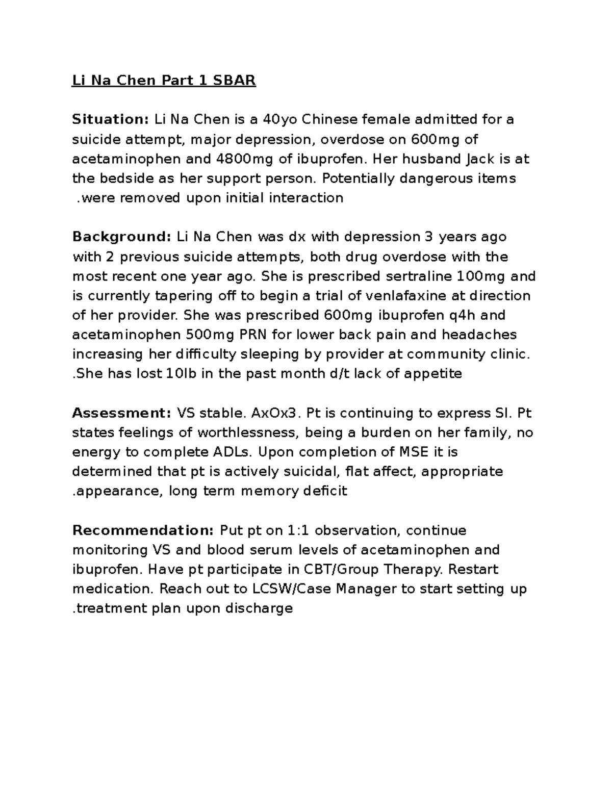 Li Na Chen SBAR: Suicide Risk & Management Plan (Psychiatry Case) - Studocu