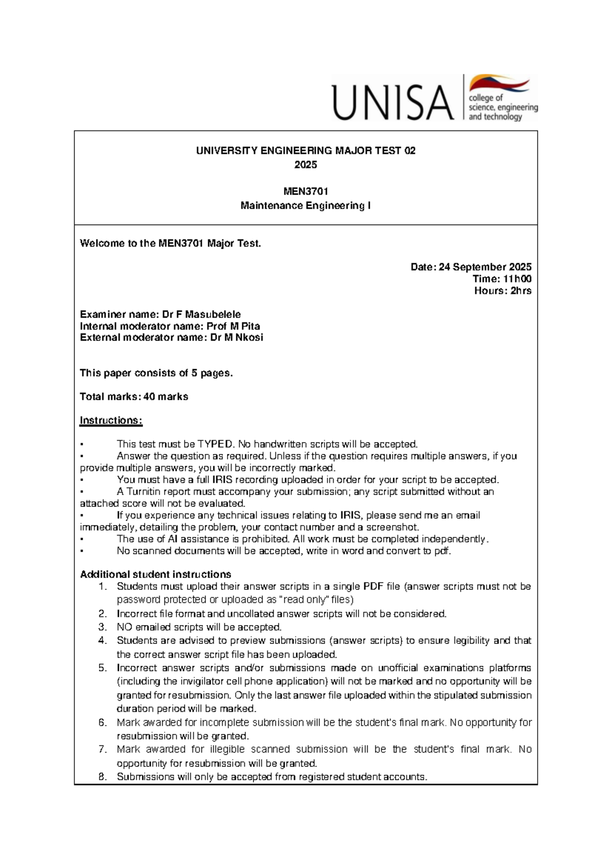 MEN3701 Maintenance Engineering I Major Test 02 Guidelines 2025 - Studocu