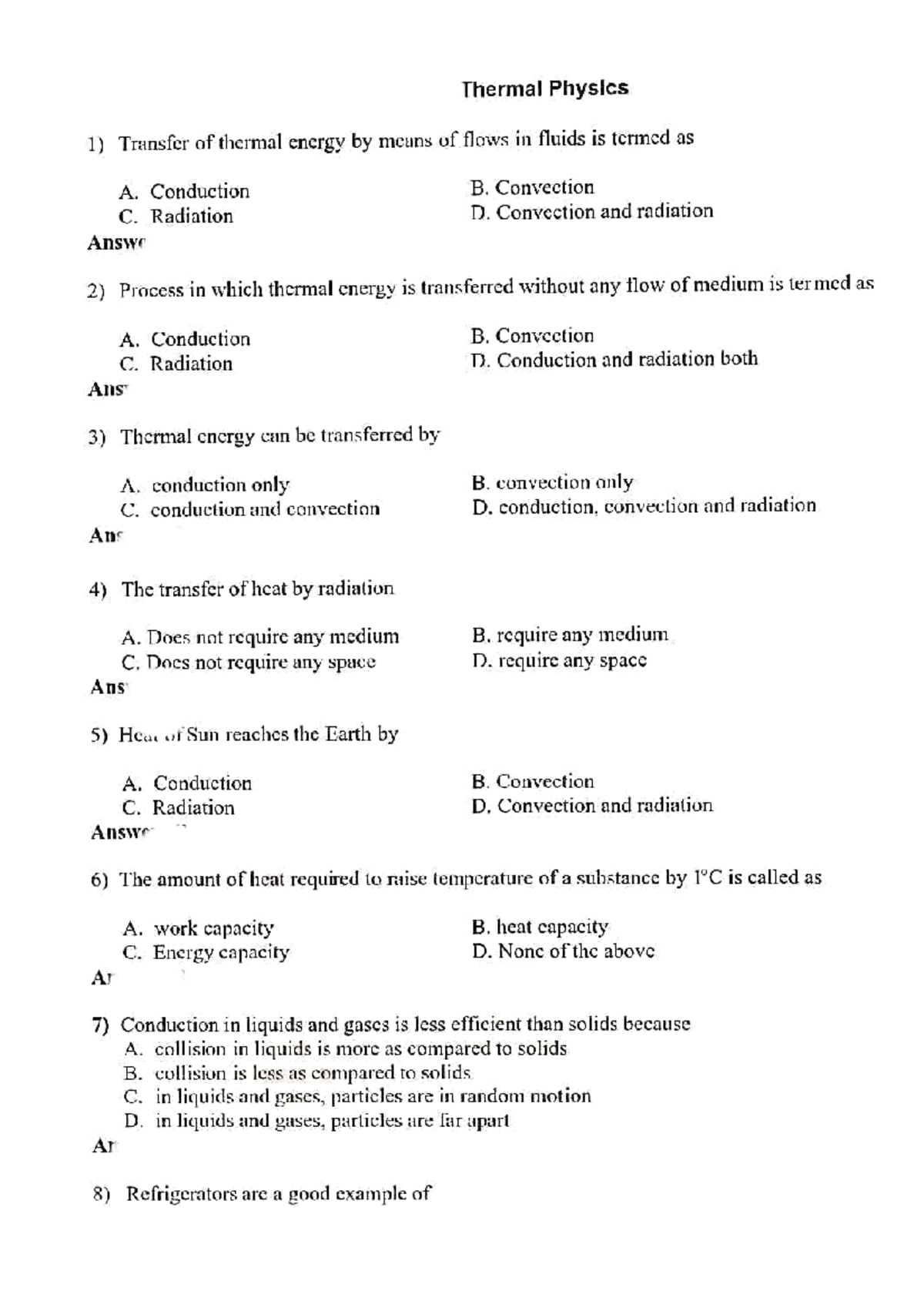Thermal Physics MCQ Test: Heat Transfer Concepts and Principles - Studocu