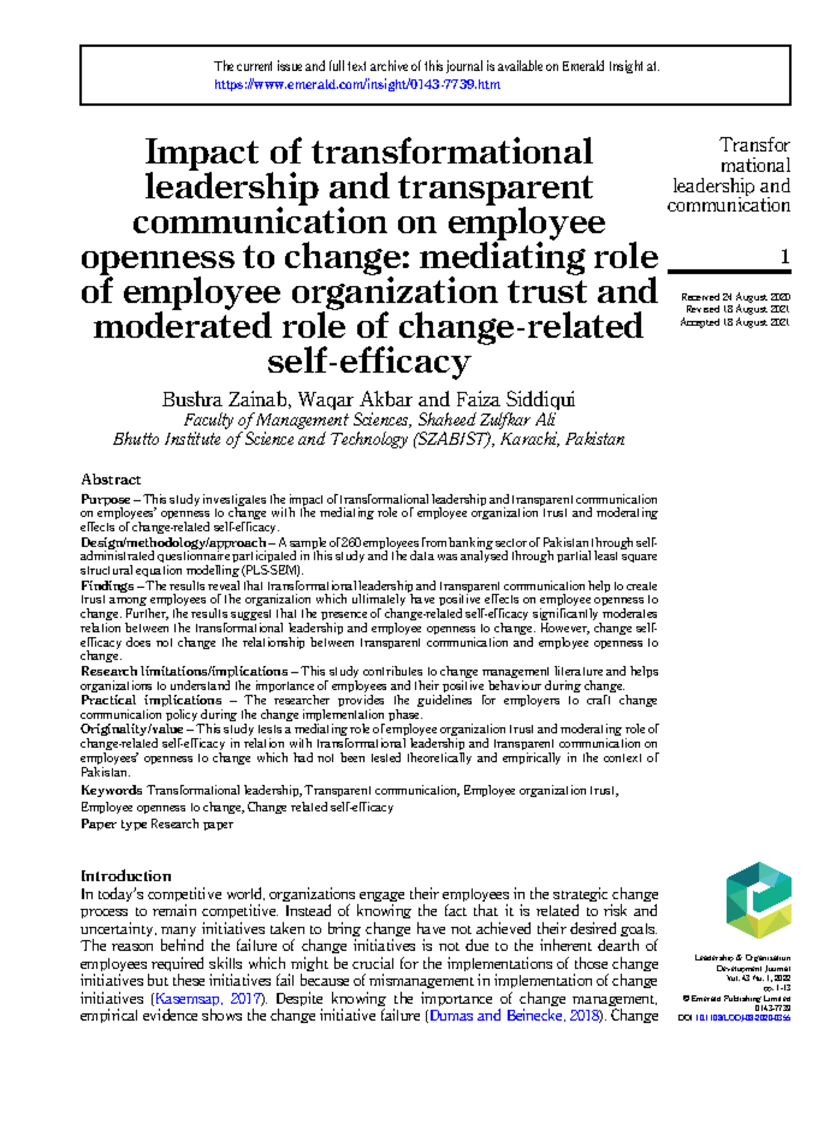 Transformational Leadership & Communication Impact on Change Openness ...