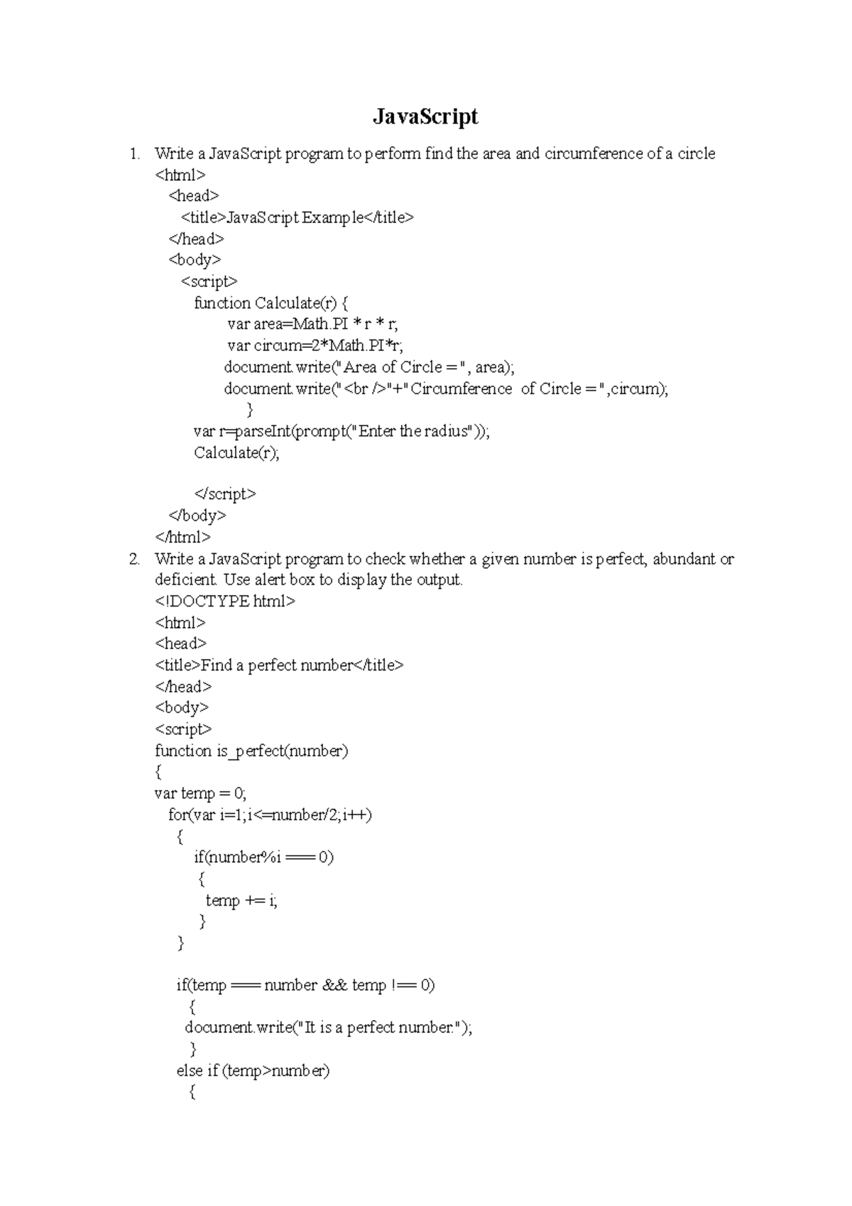 JavaScript Lab Manual: Programming Exercises and Solutions - Studocu