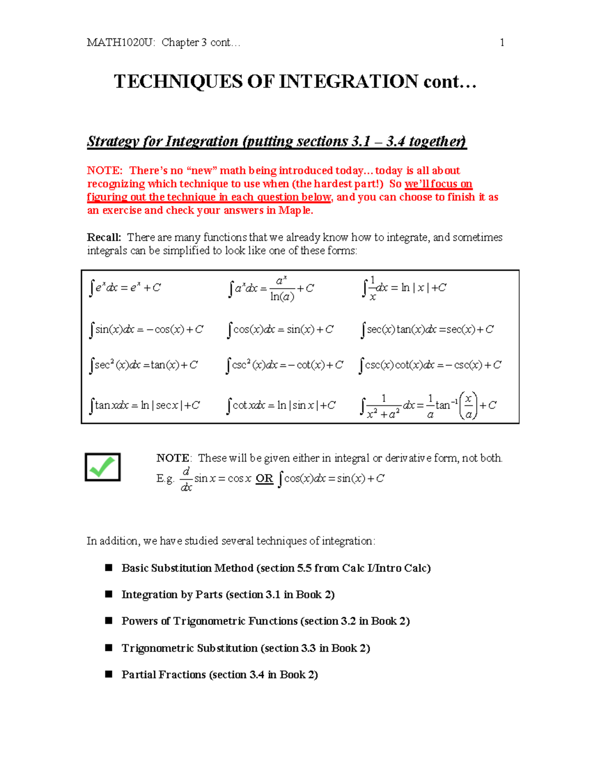 MATH1020U: Chapter 3 Techniques of Integration Strategies and Examples ...