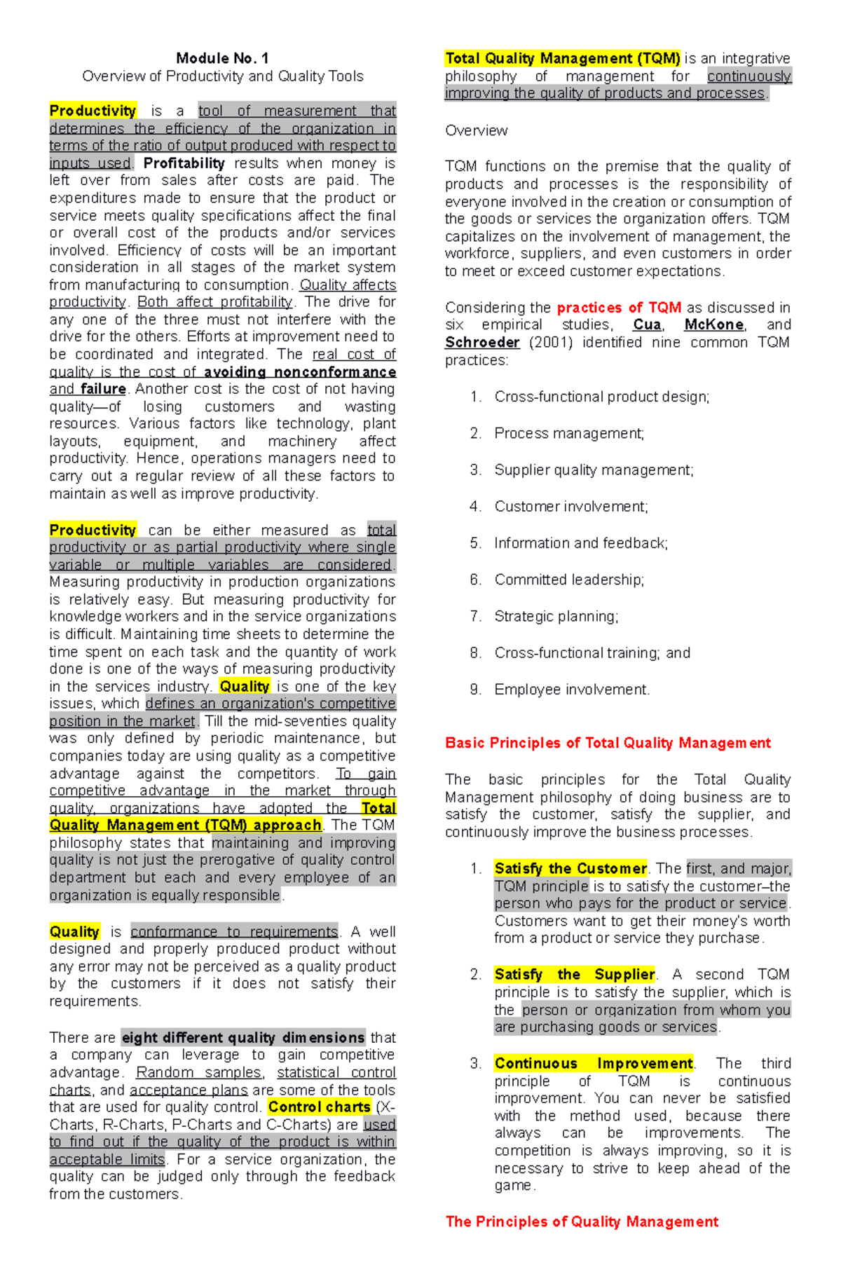 Reviewer - PQT - Module No. 1 Overview of Productivity and Quality ...