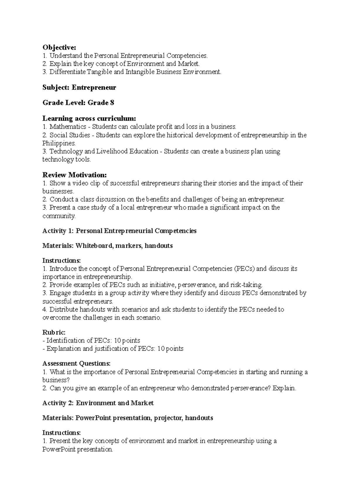 Entrepreneurship Lesson Plan for Grade 8: Personal Competencies ...