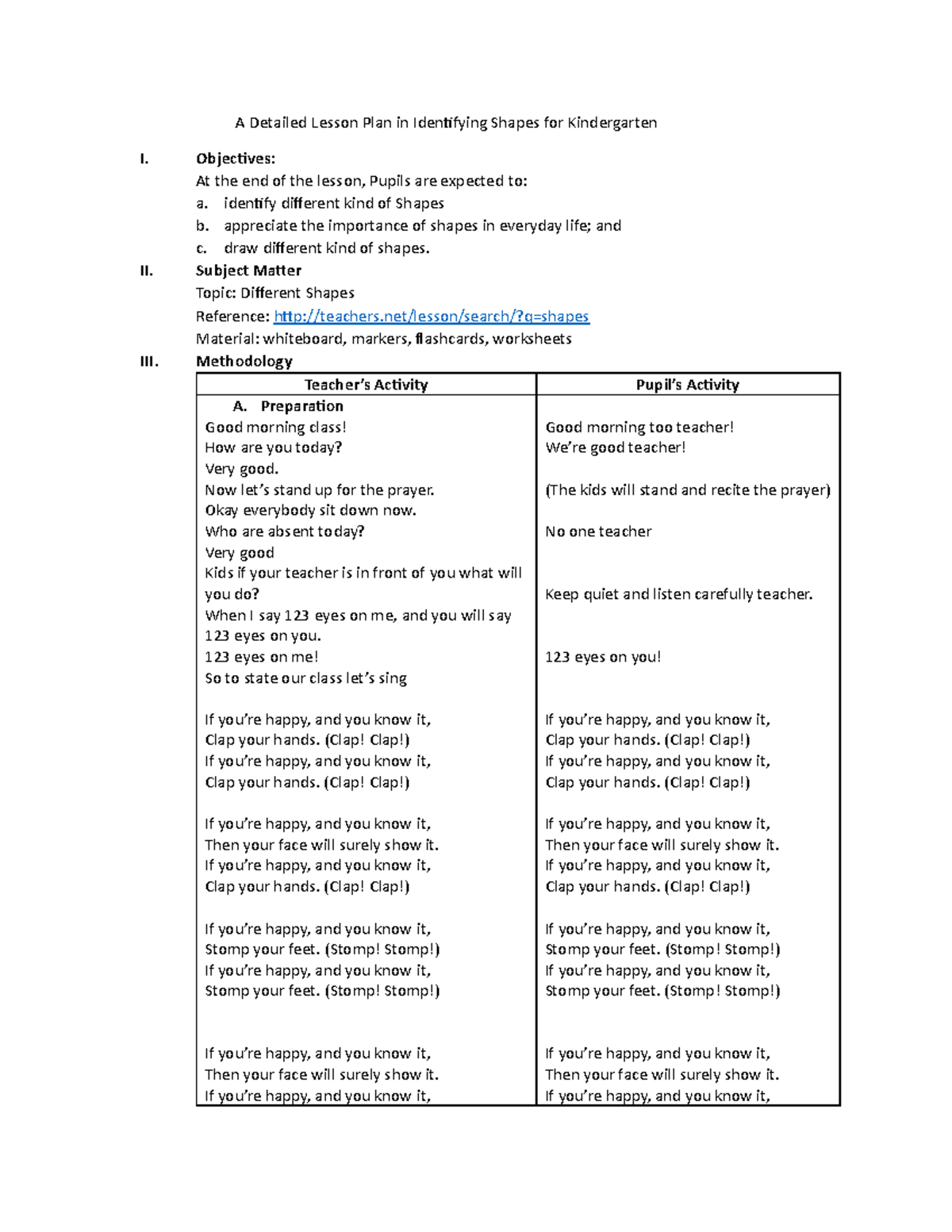 Kindergarten Lesson Plan: Identifying Shapes & Their Importance - Studocu