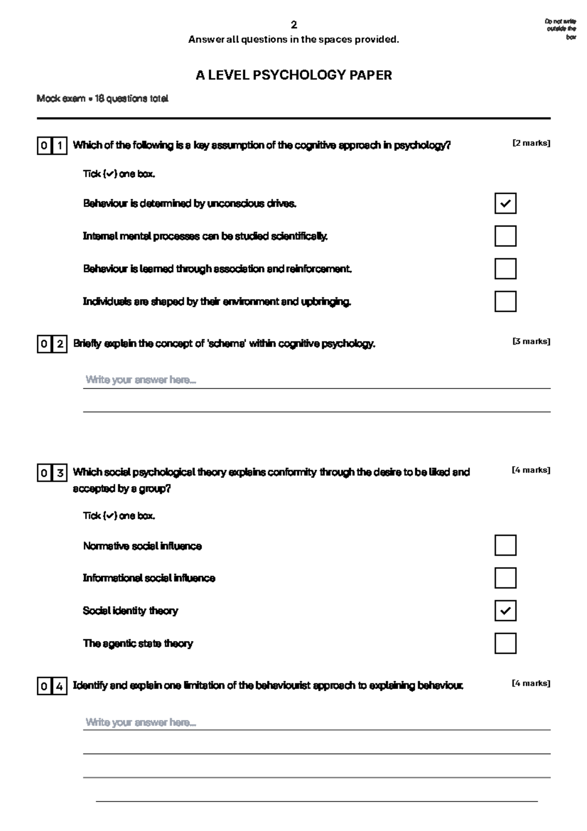 A LEVEL PSYCHOLOGY PAPER Mock Exam: Key Concepts & Theories - Studocu
