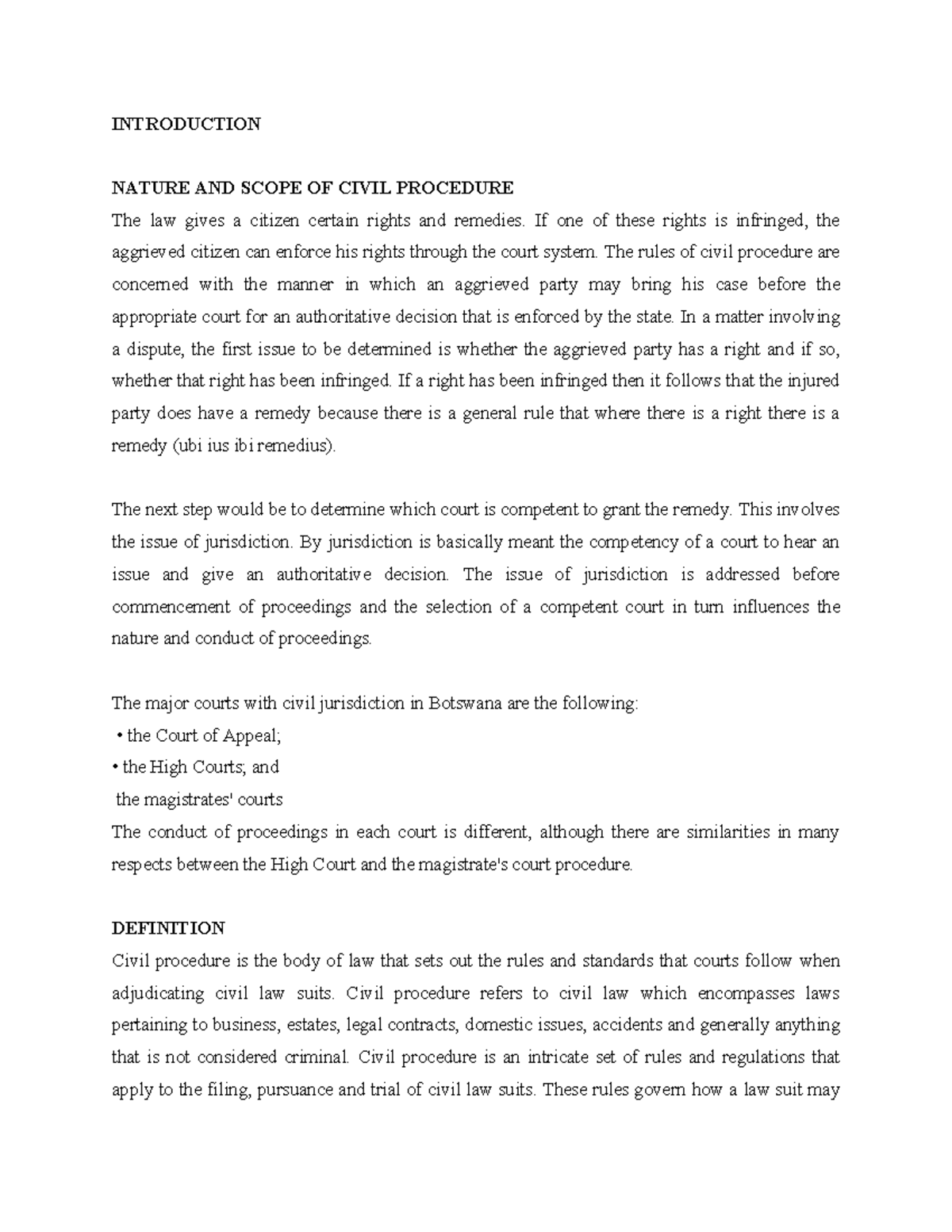 Introduction to Civil Procedure: Key Concepts and Jurisdiction Analysis ...