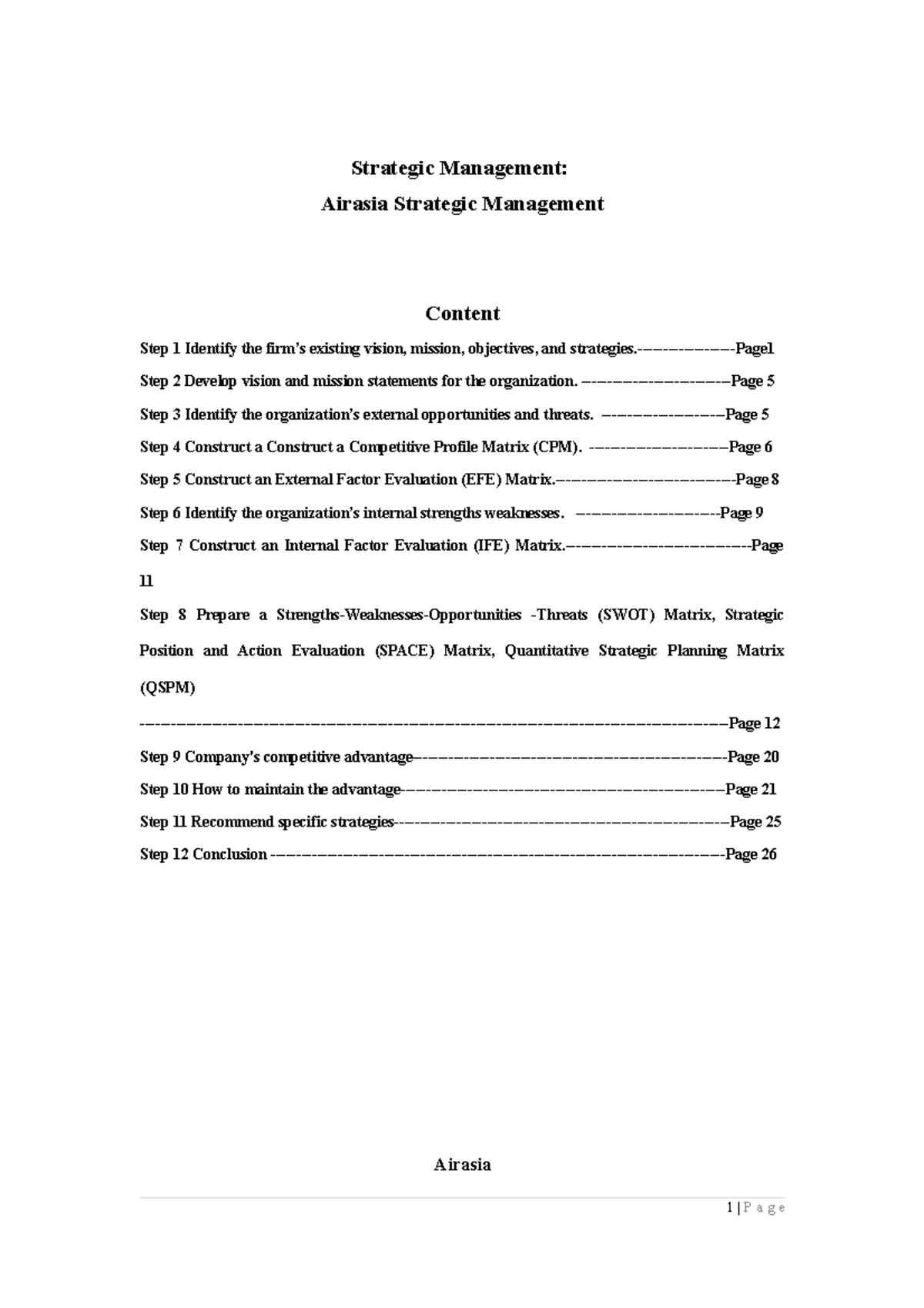 Airasia Strategic Management: SWOT, EFE, IFE & Strategic Planning - Studocu
