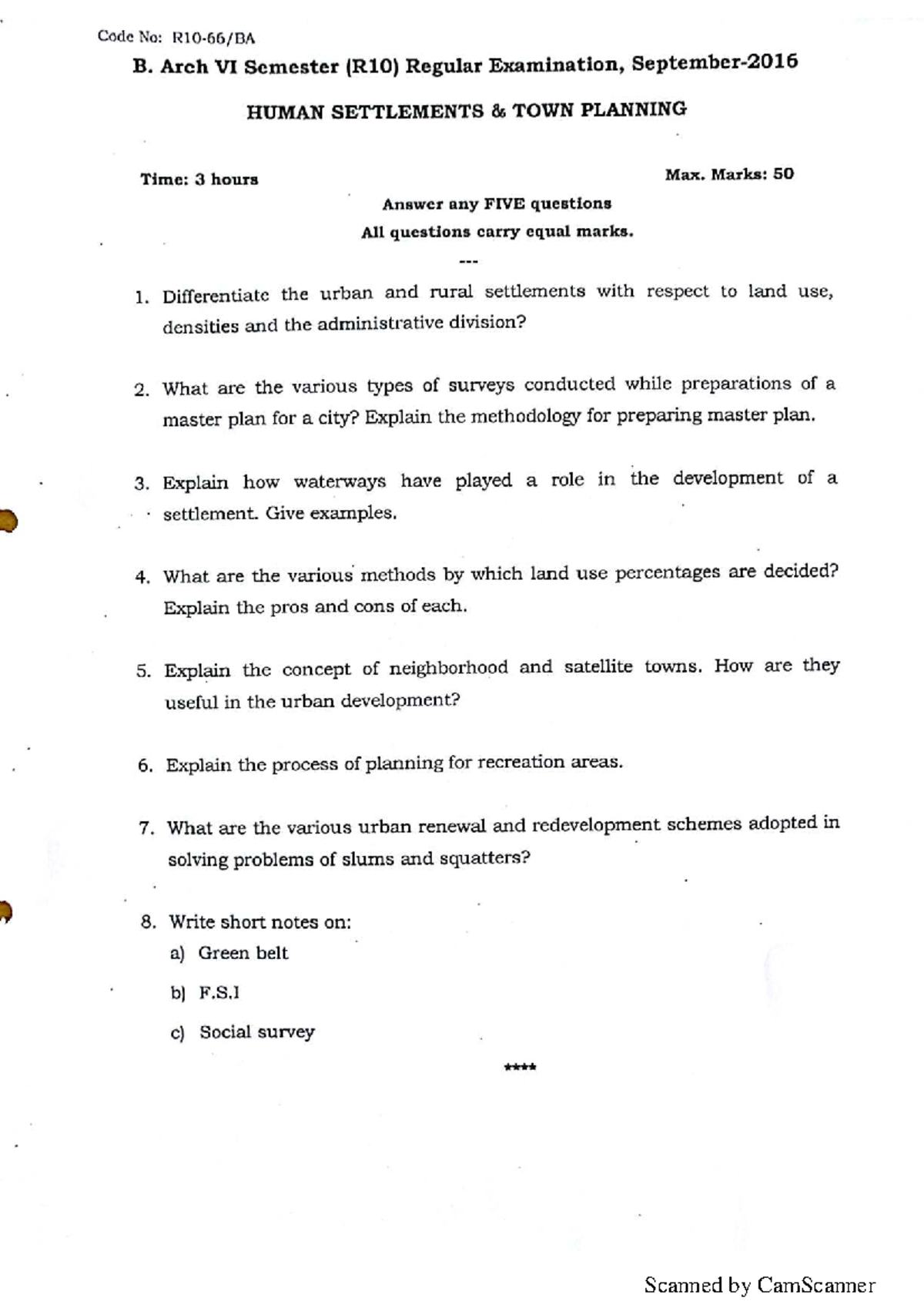 B. Arch VI Sem (R10) Exam: Human Settlements & Town Planning QP - Studocu