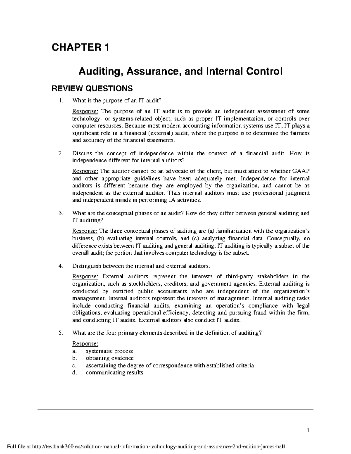 Chapter 1 Solutions: IT Auditing & Assurance (2nd Ed) by James Hall ...