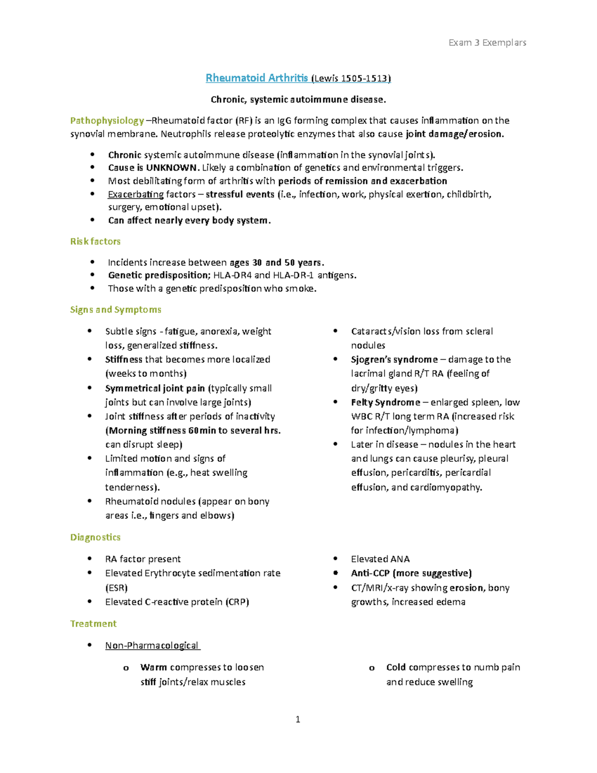 Level 3, Exam 3 study guide - immunity - Exam 3 Exemplars Rheumatoid ...