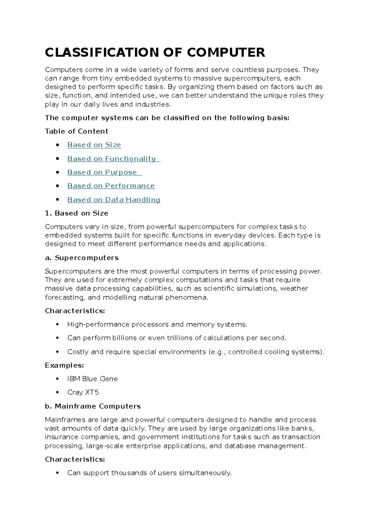 Classification of Computers: Types, Functions, and Applications - Studocu