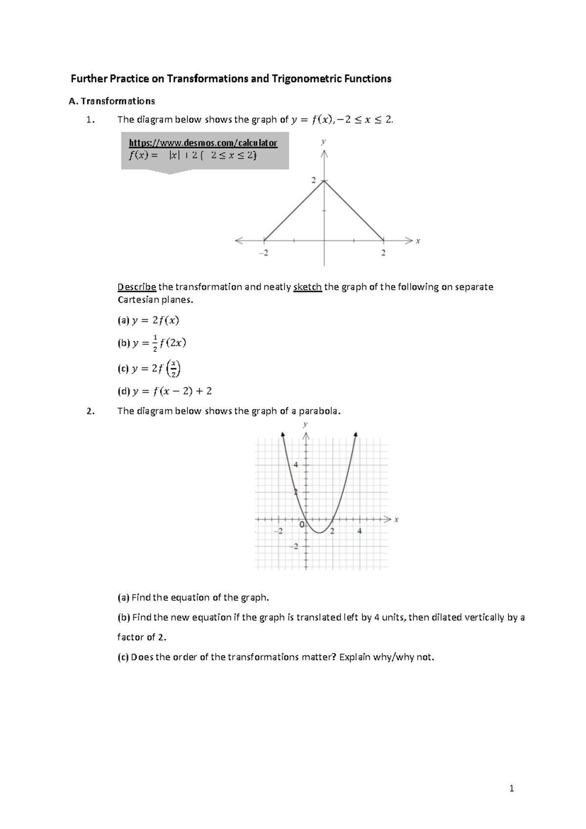 Extra Transformations And Trig Functions Temp - Further Practice on ...