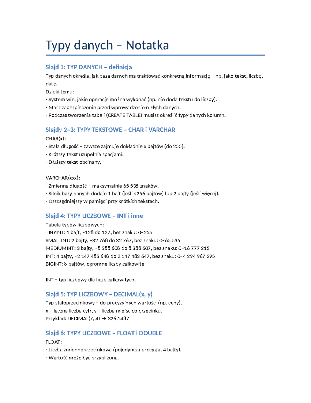 Typy Danych: Notatka o Definicjach i Klasyfikacji Typów Danych - Studocu