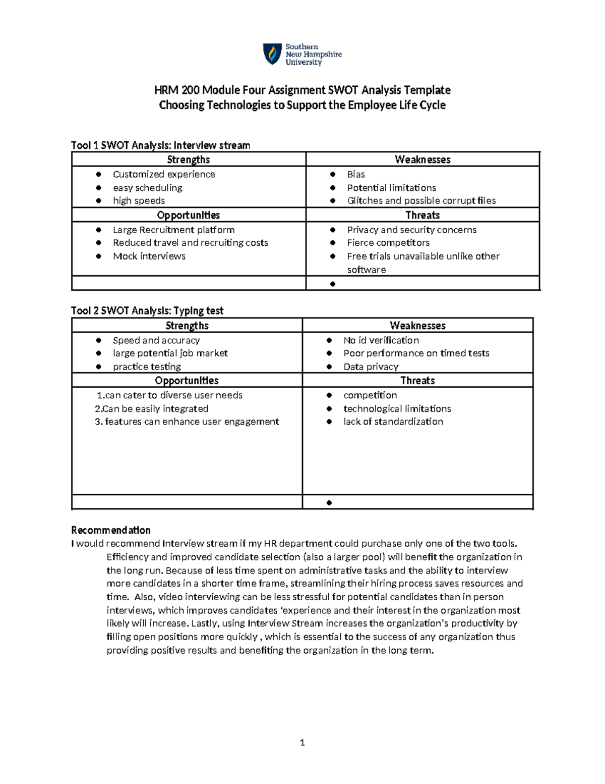 SWOT analysis - swot analyis - HRM 200 Module Four Assignment SWOT ...