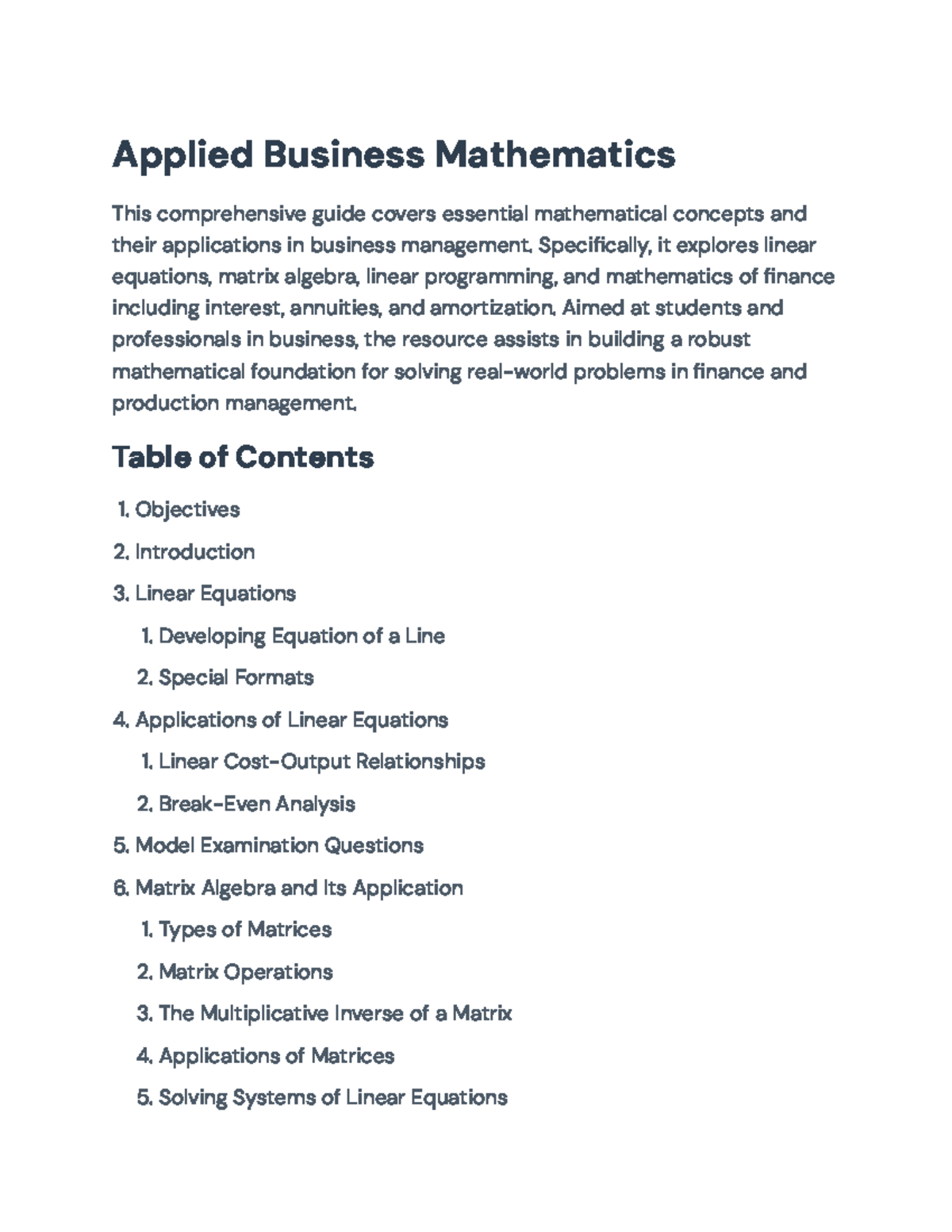Applied Business Mathematics: Concepts and Applications in Finance ...