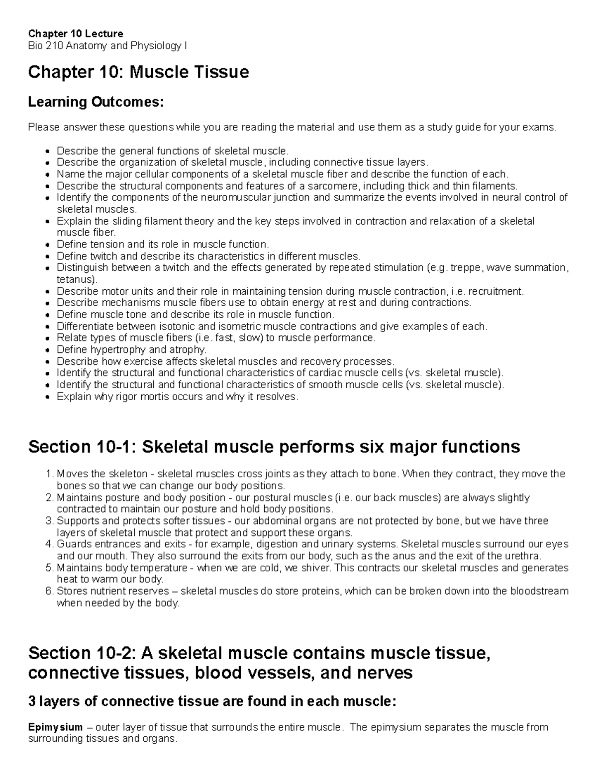 Chapter 10 Lecture Notes: Muscle Tissue - Bio 210 Anatomy & Physiology ...