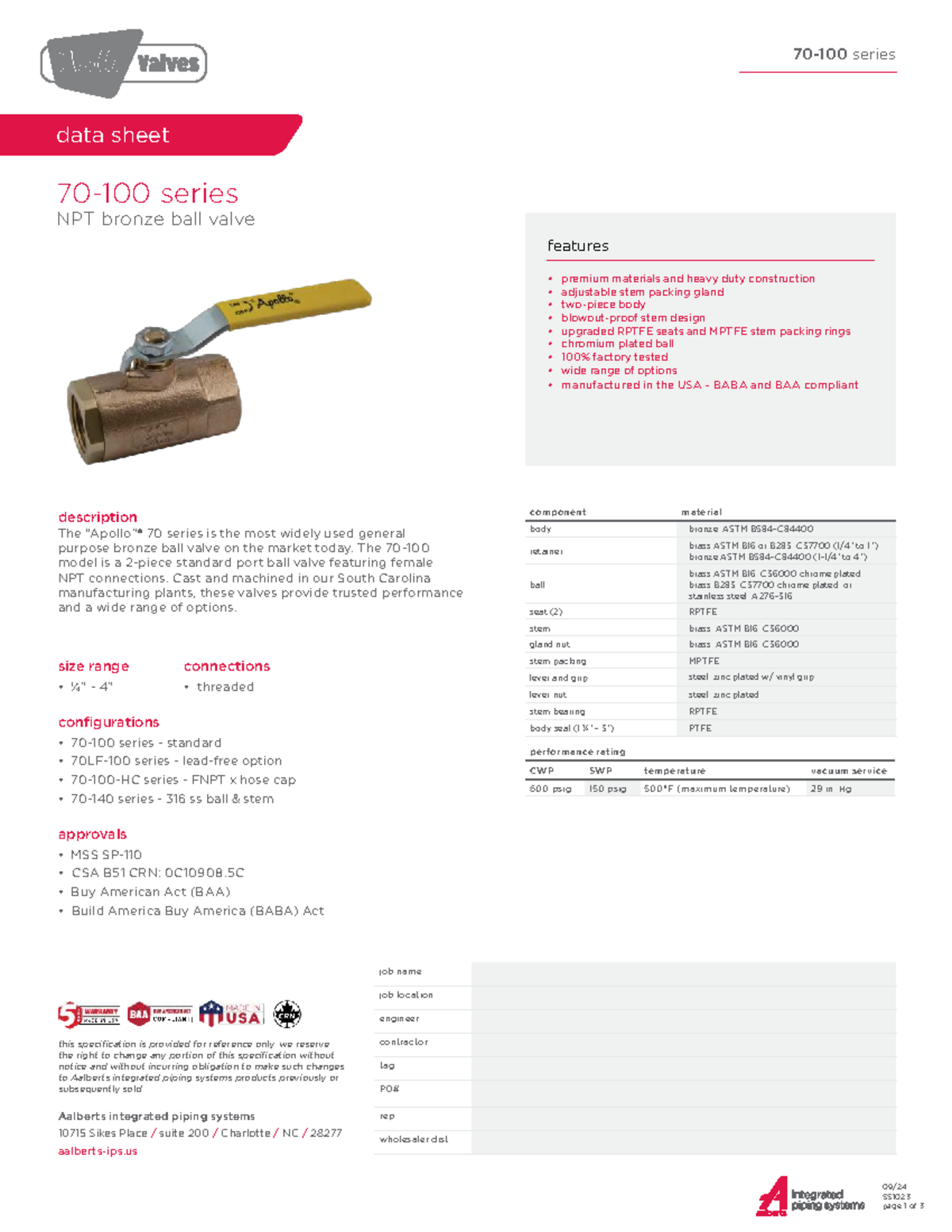 Apollo Valves - 850520 - Series NPT Bronze Ball Valve Data Sheet - Studocu