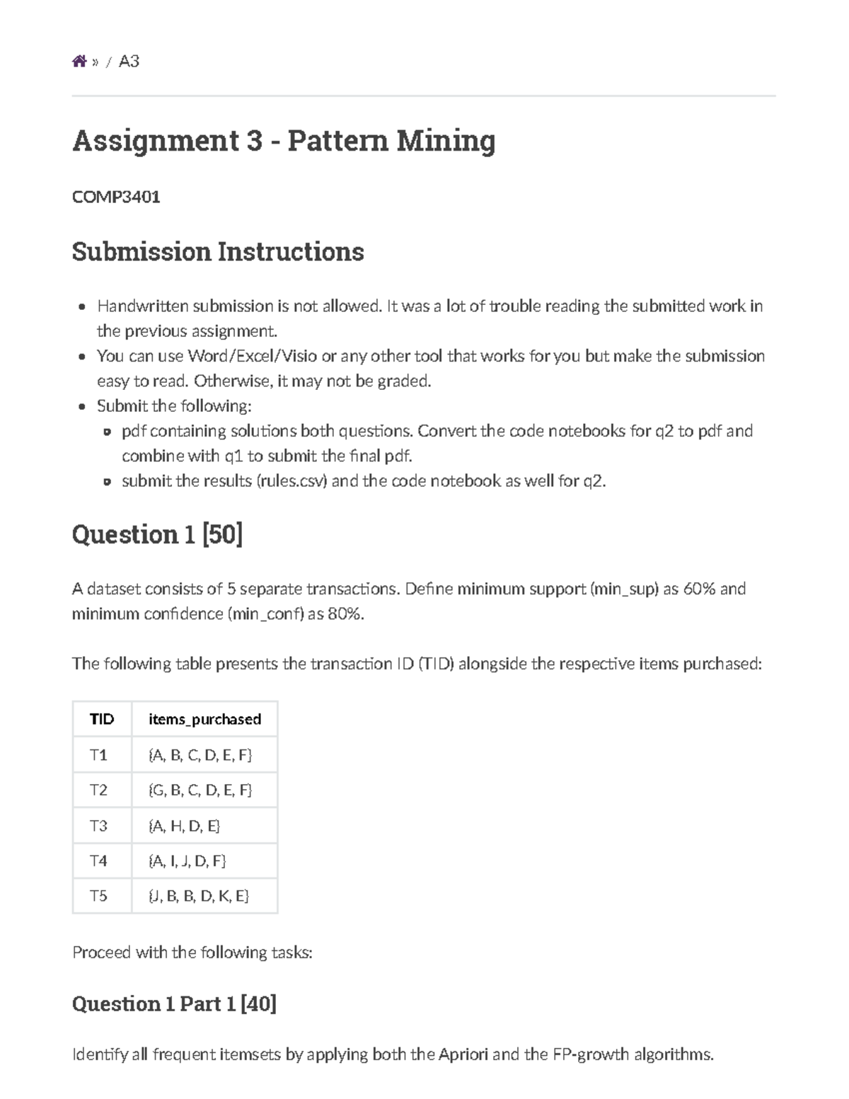 COMP Assignment 3: Pattern Mining Question Paper for Practice - Studocu