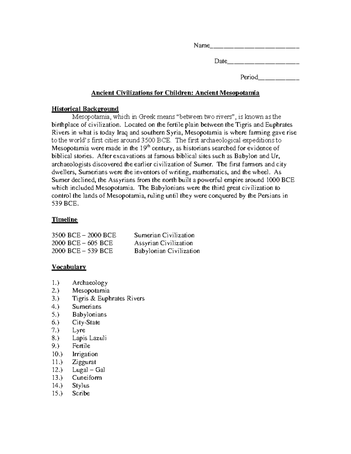 Ancient Civilizations for Children: Mesopotamia Vocabulary Guide - Studocu