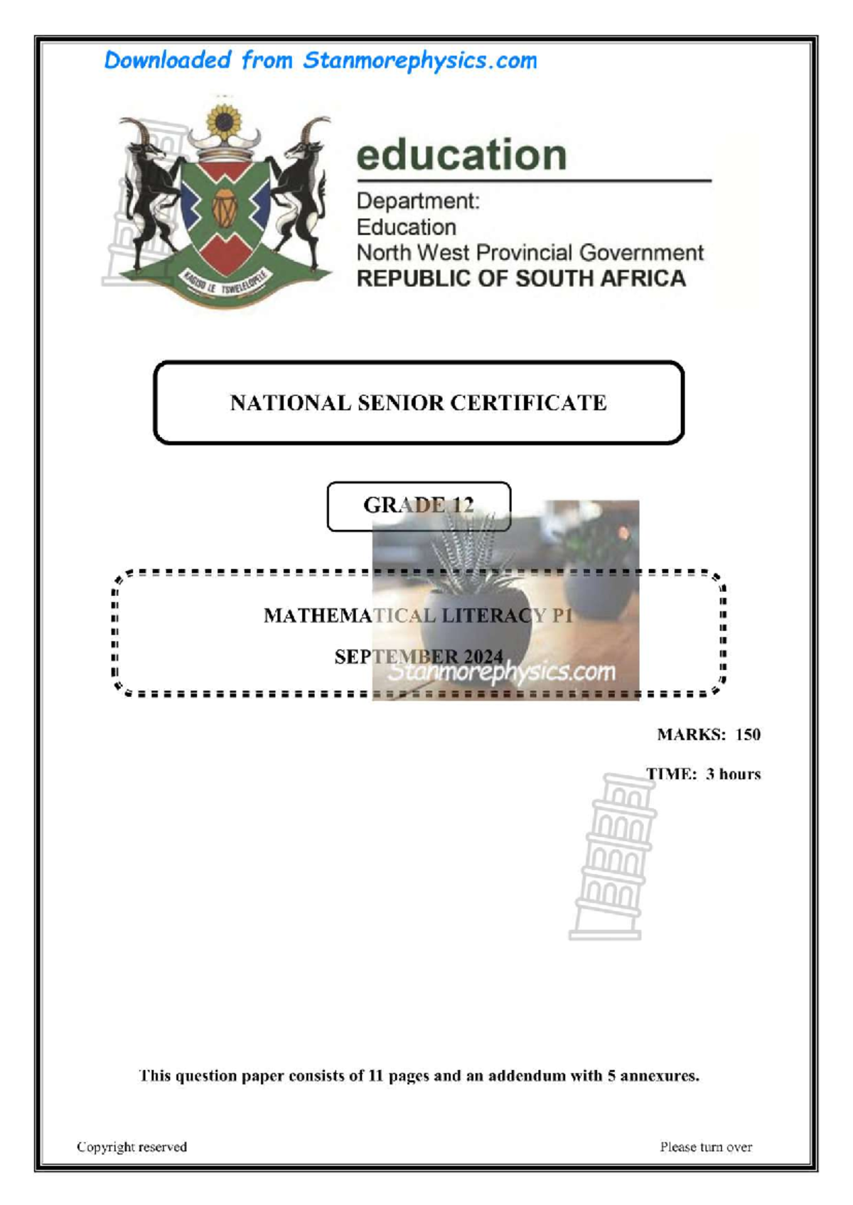 NW Grade 12 Maths Literacy September 2024 P1 & Memo Analysis - Studocu