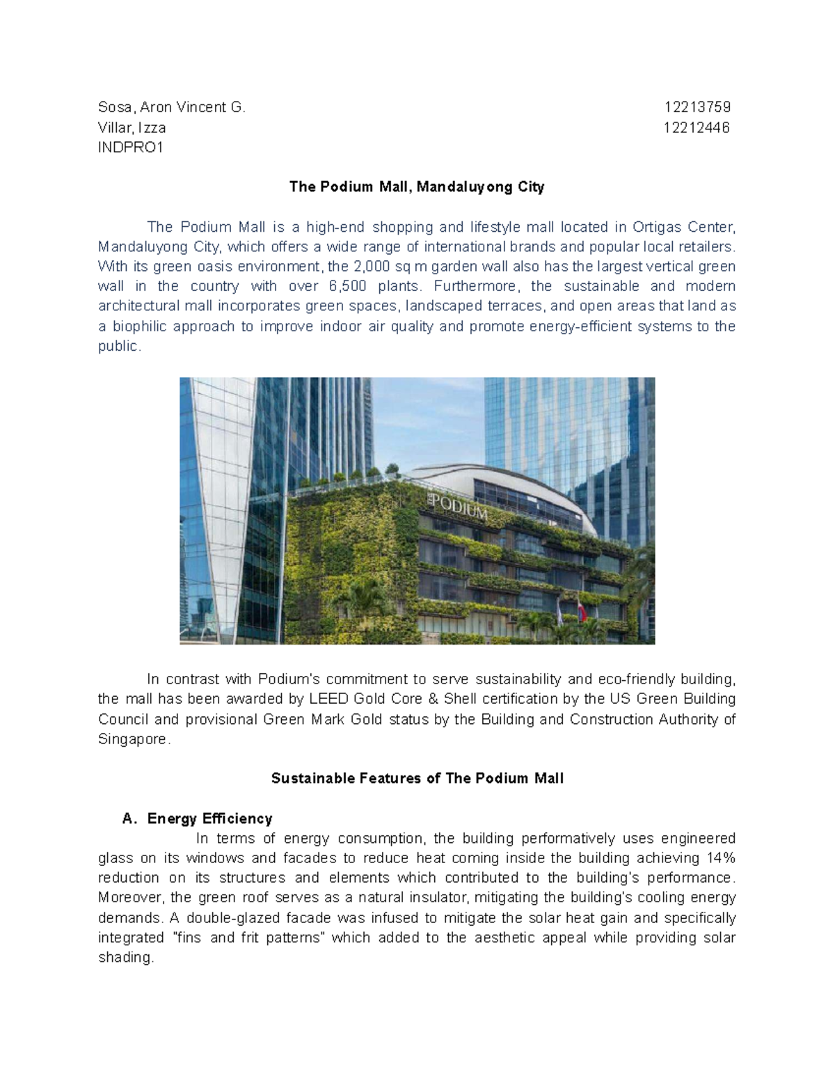 Sustainable Features of The Podium Mall: INDPRO1 GT 3 Activity - Studocu