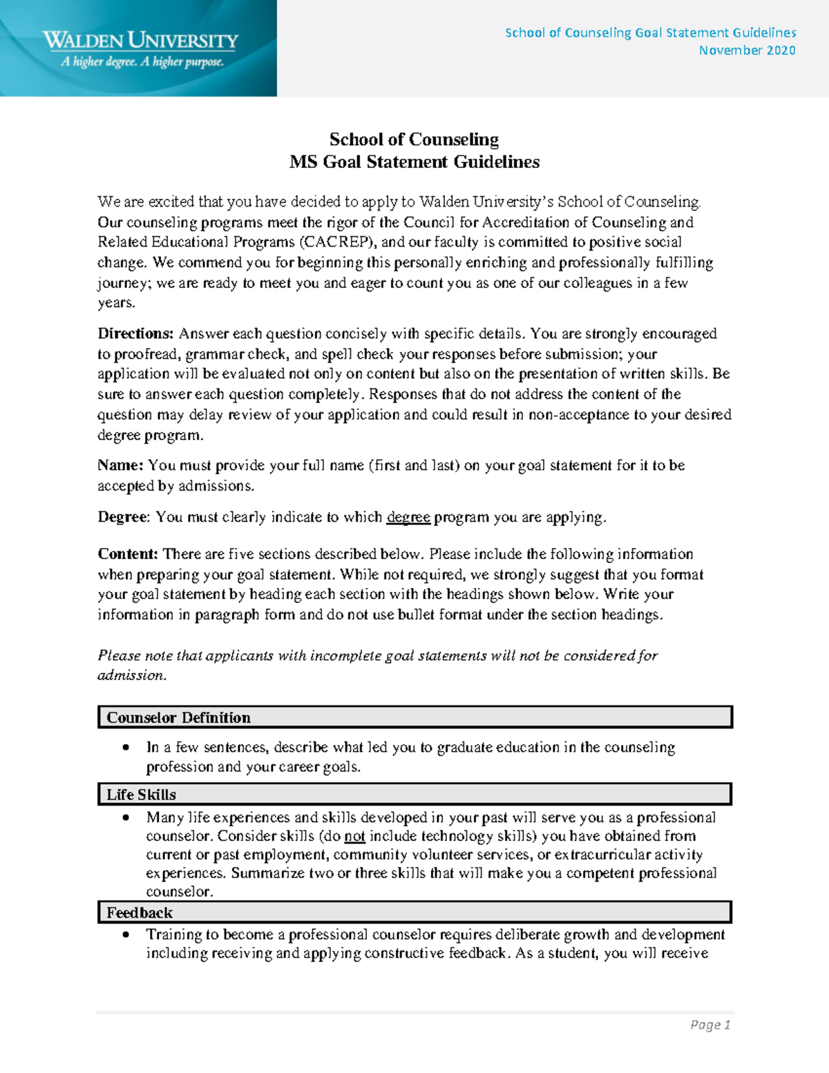 School of Counseling MS Goal Statement Guidelines - Nov 2020 - Studocu