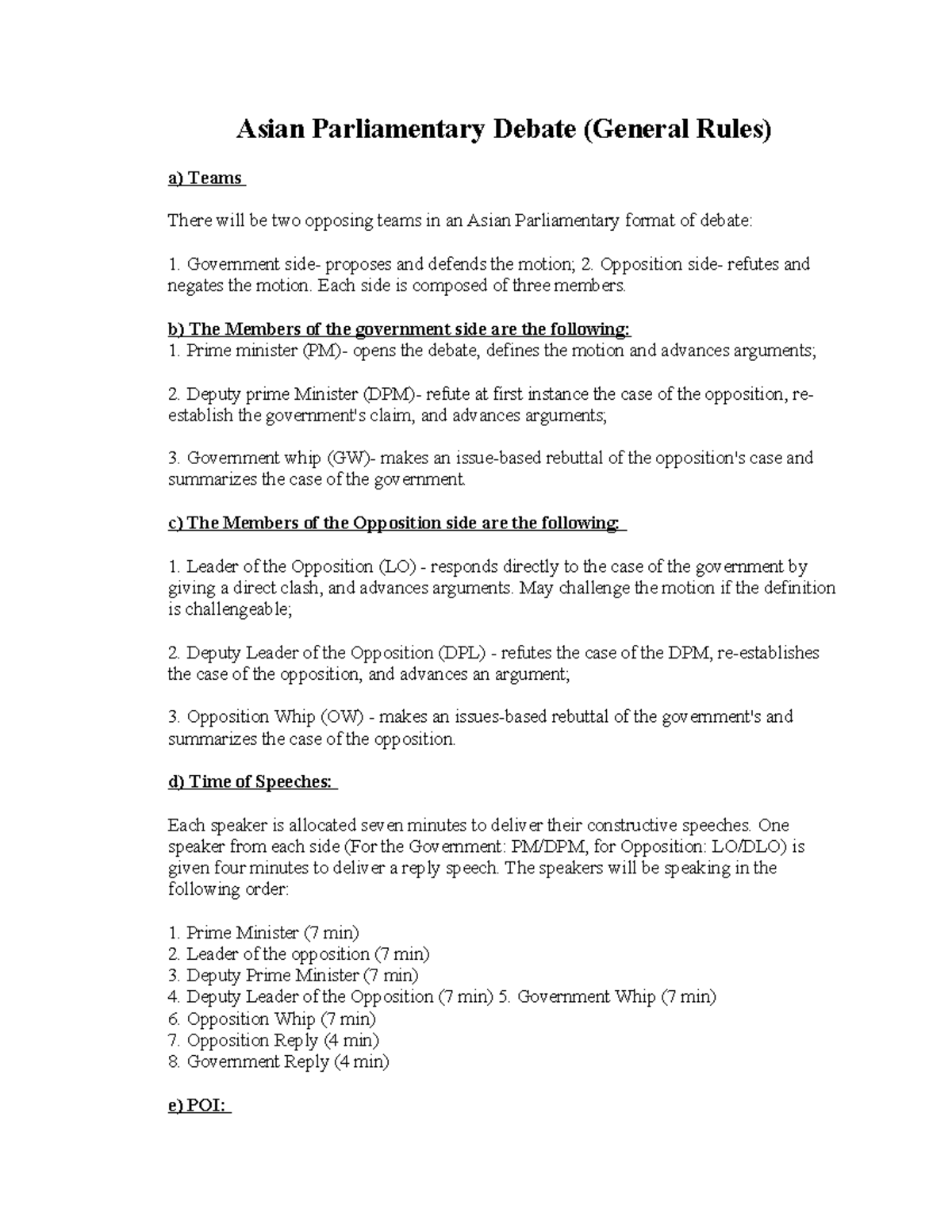 Asian Parliamentary Debate: General Rules and Speaker Roles - Studocu
