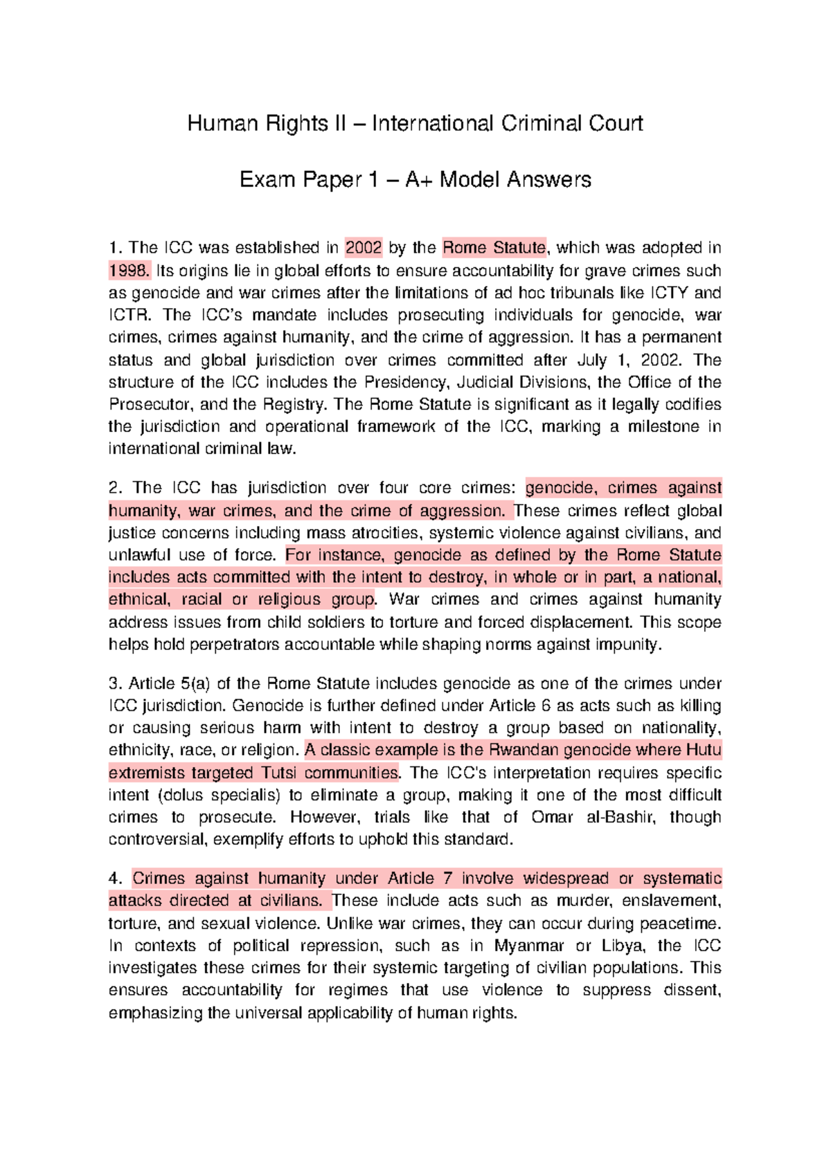 Human Rights II ICC Exam Paper 1 Model Answers and Analysis - Studocu