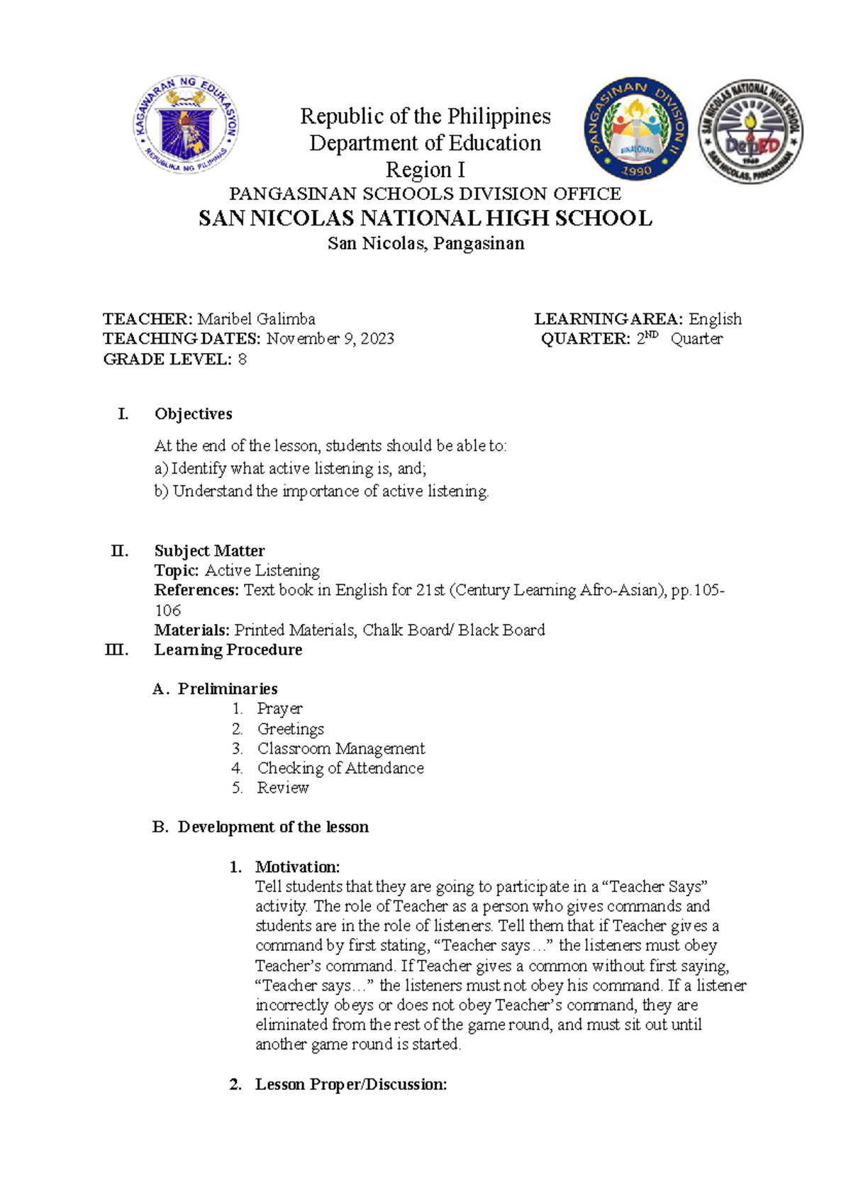 LP 8 Active Listening - Lesson Plan for 2nd Quarter Class - Studocu