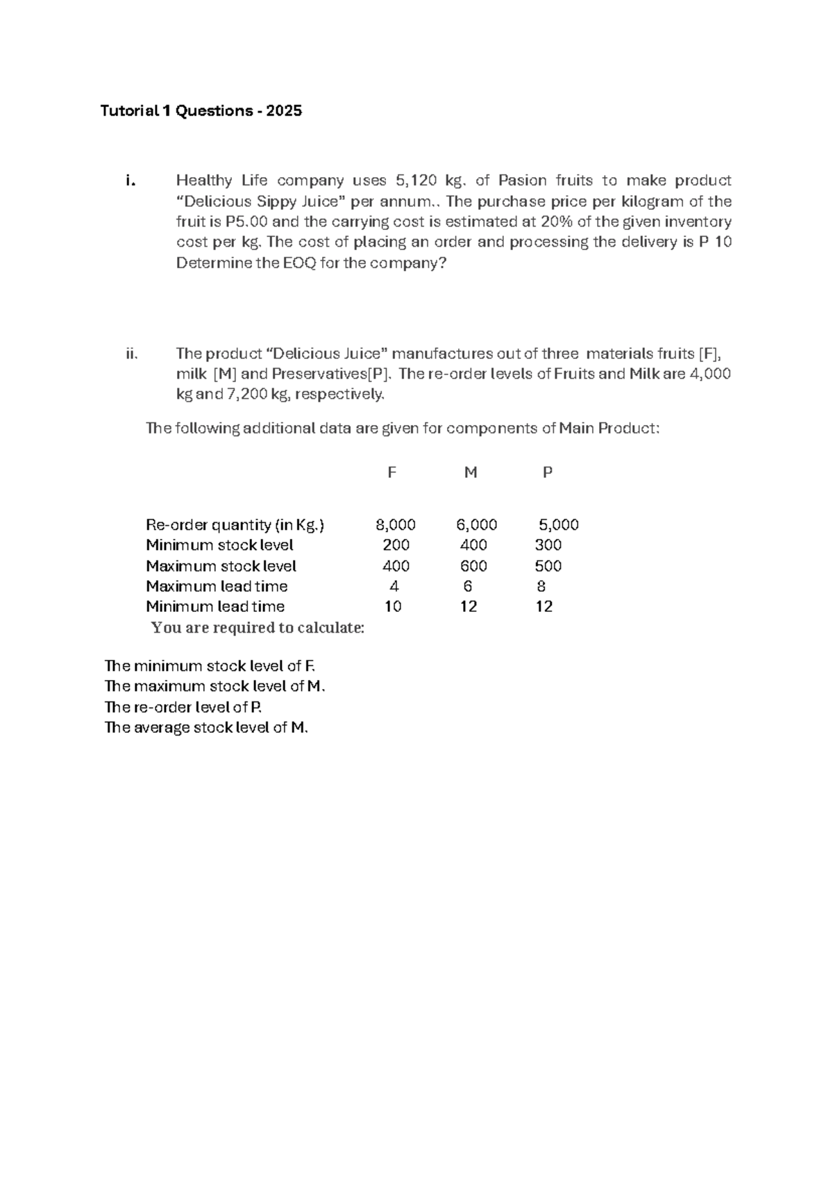 Tutorial 1 Questions 2025: EOQ & Stock Level Calculations - Studocu