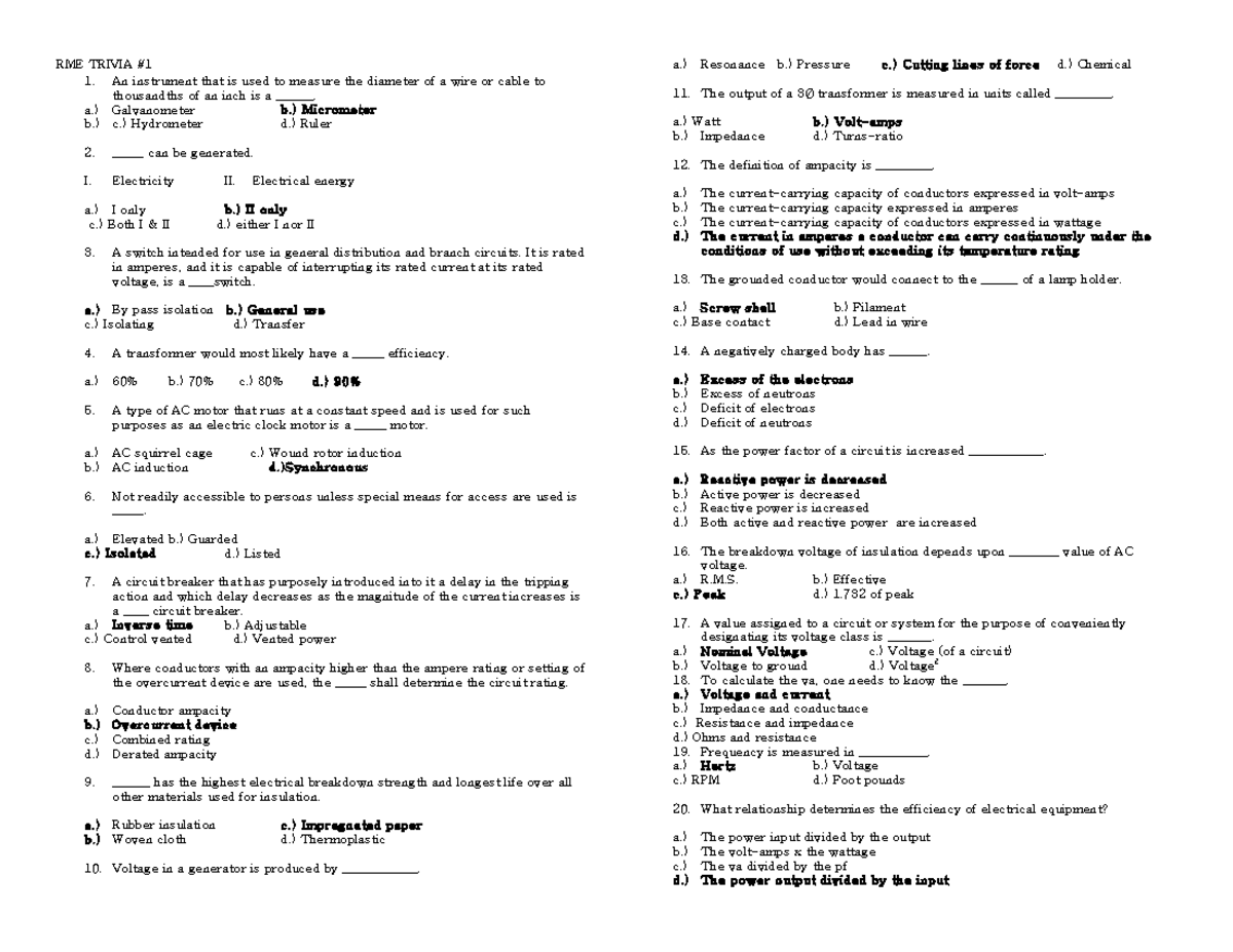 421906684 RME Trivia Questions & Answers for Electrical Concepts - Studocu